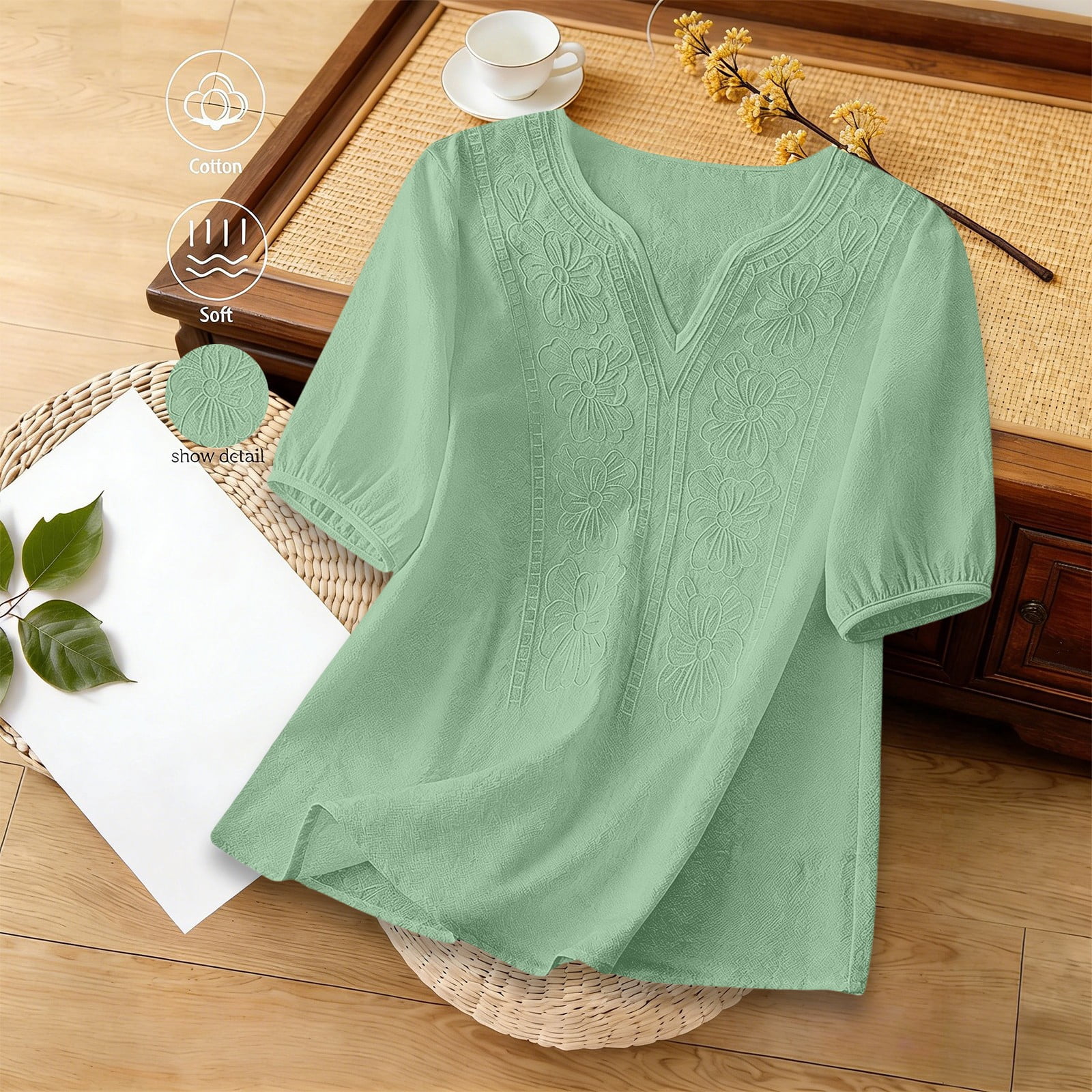 Audhol Women's Fashion Casual Solid Color Ruched Cotton Linen Shirt Top ...