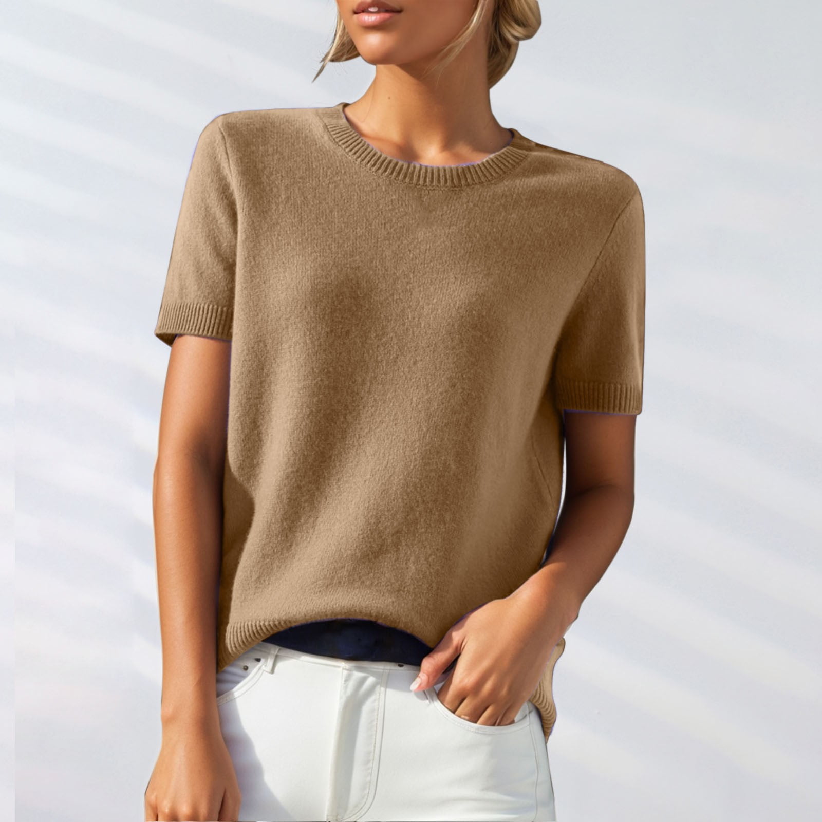 Audhol Women's Round Neck Short Sleeve Loose T Shirt with Knit Bottom ...