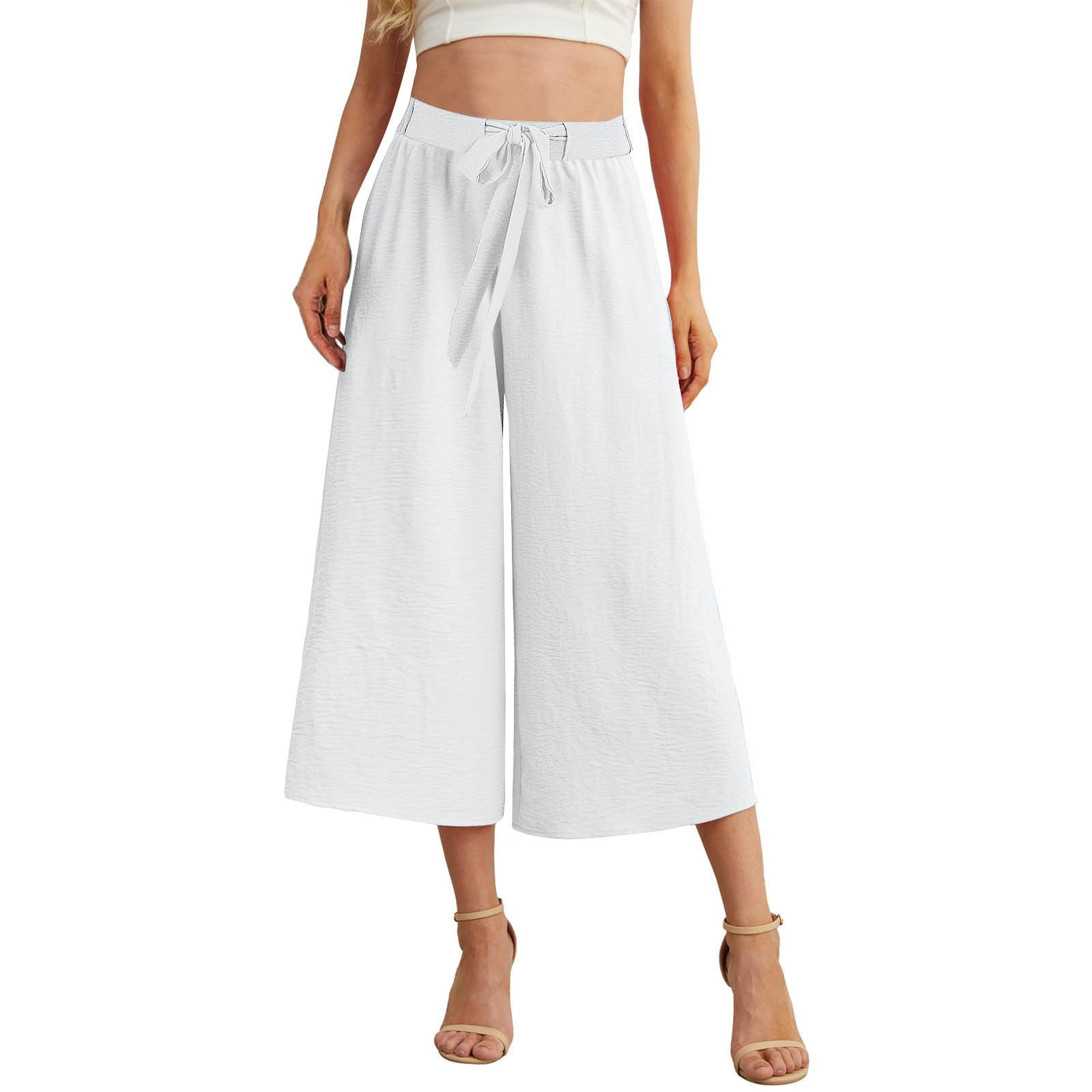 Audhol Womens Capri Pants, Flowy Linen Pants Women Wide Leg Tie Knot ...