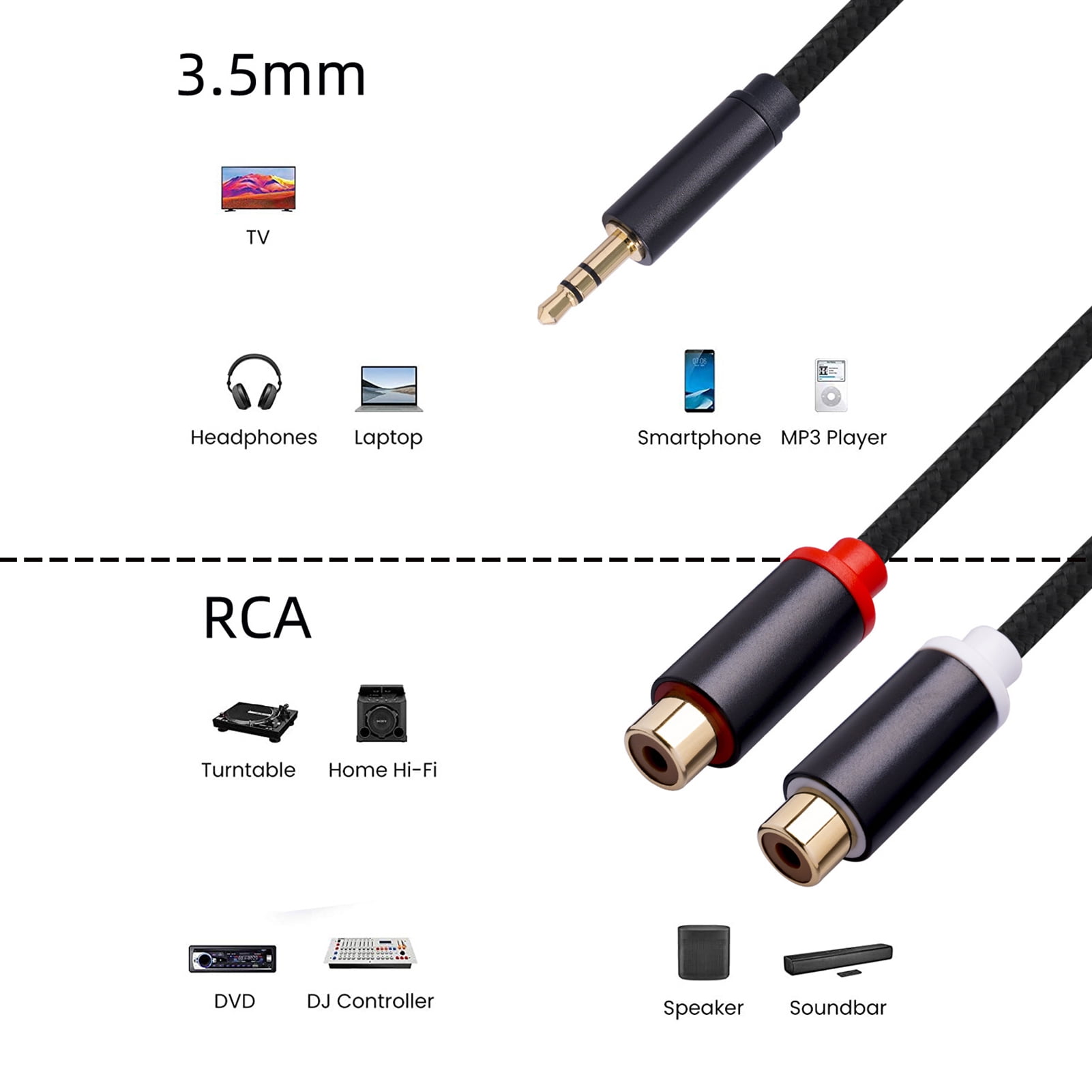 Audio Cable,To Rca Stereo Dual Rca Female 1ft Mobile Pc Rca Stereo ...