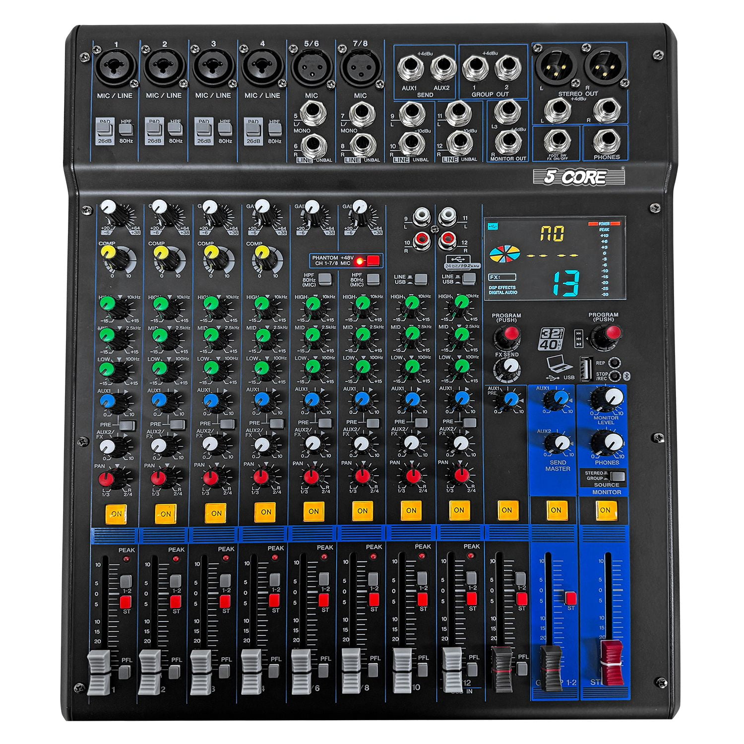 Audio DJ Mixer 12 Channel Sound Board Console w 99 DSP Effect 48V ...