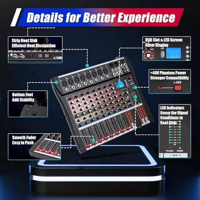 Audio Mixer, 8-Channel Sound Board Mixer Audio, Professional Sounds ...