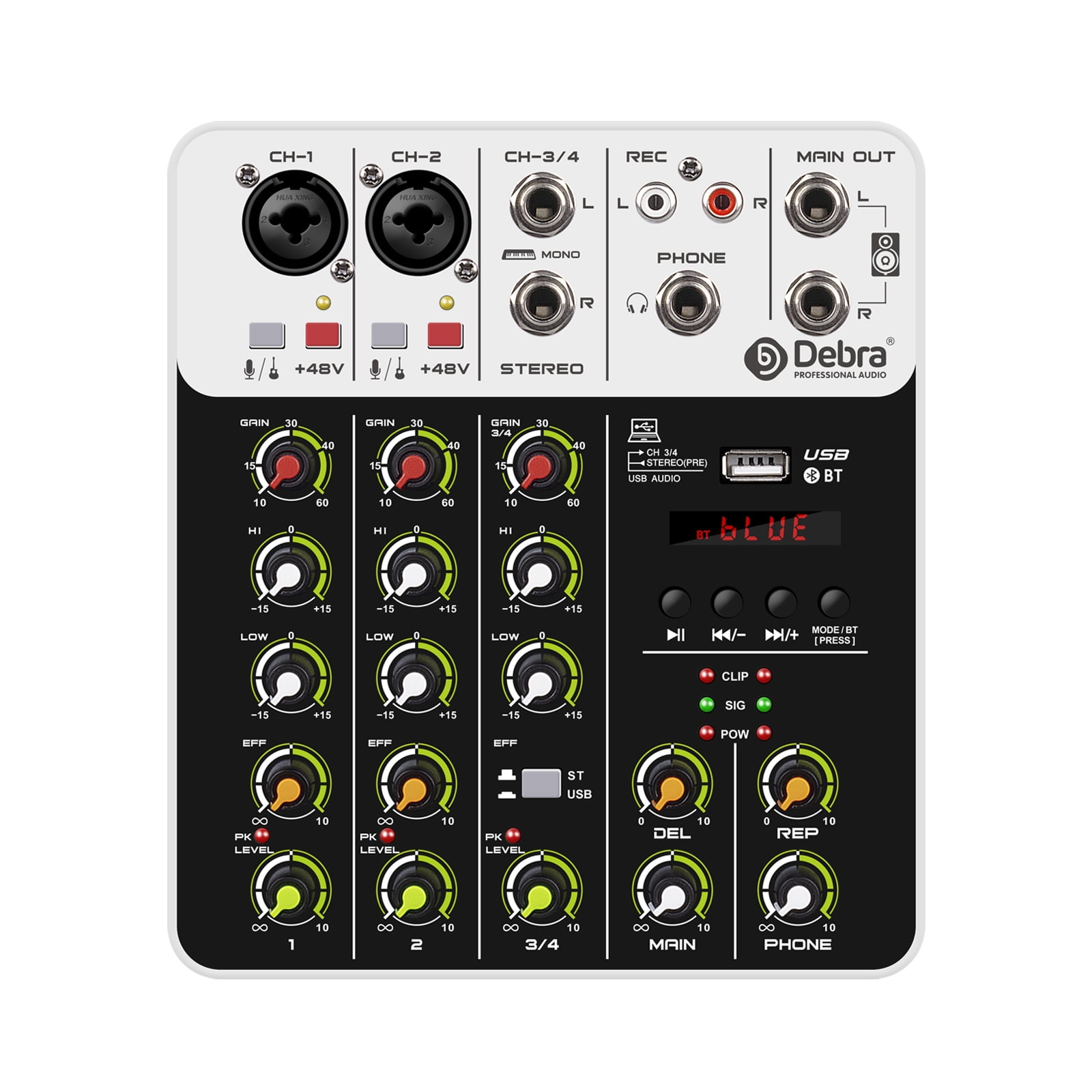 Audio Mixer D Debra Audio V4 4-channel Audio Mixer with Per Mics, MP3/USB Bluetooth, 48V Phantom ...