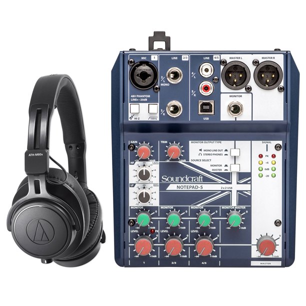 Audio Technica ATH-M60X Studio Headphones+Soundcraft Mixer w/ USB ...