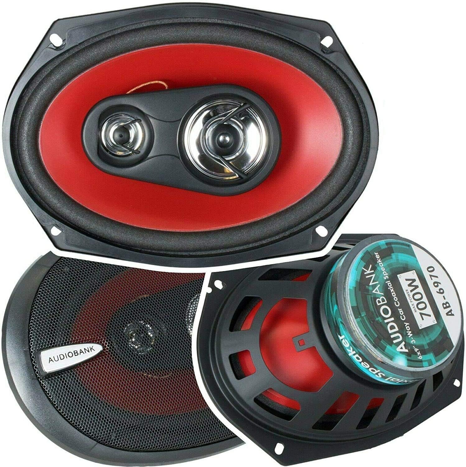 Audiobank 2 6x9 700 Watt 3-Way Red Car Audio Stereo Coaxial Speakers ...