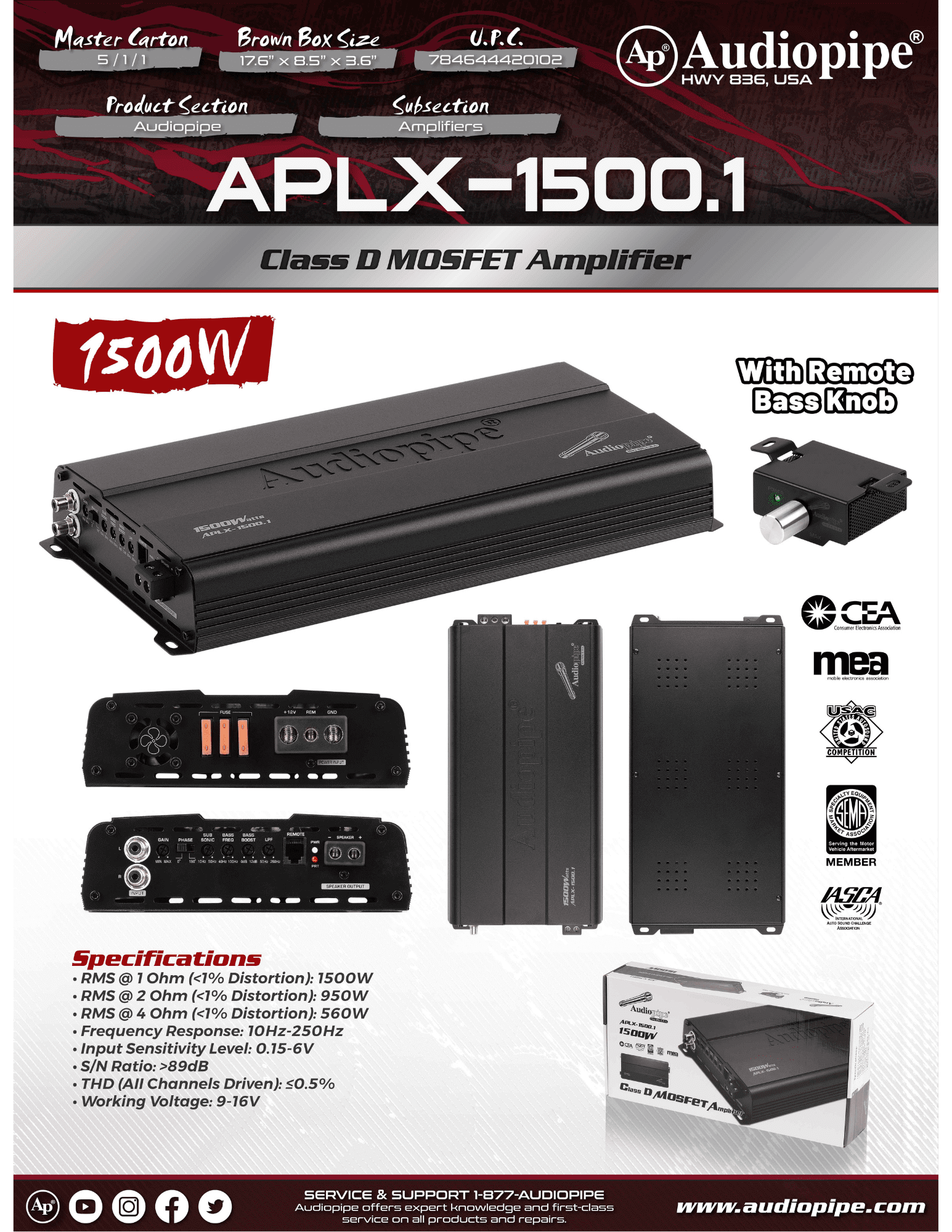 Audiopipe 1500W 1-Ohm Class D Car Audio Mono Amplifier APLX-1500.1 W ...