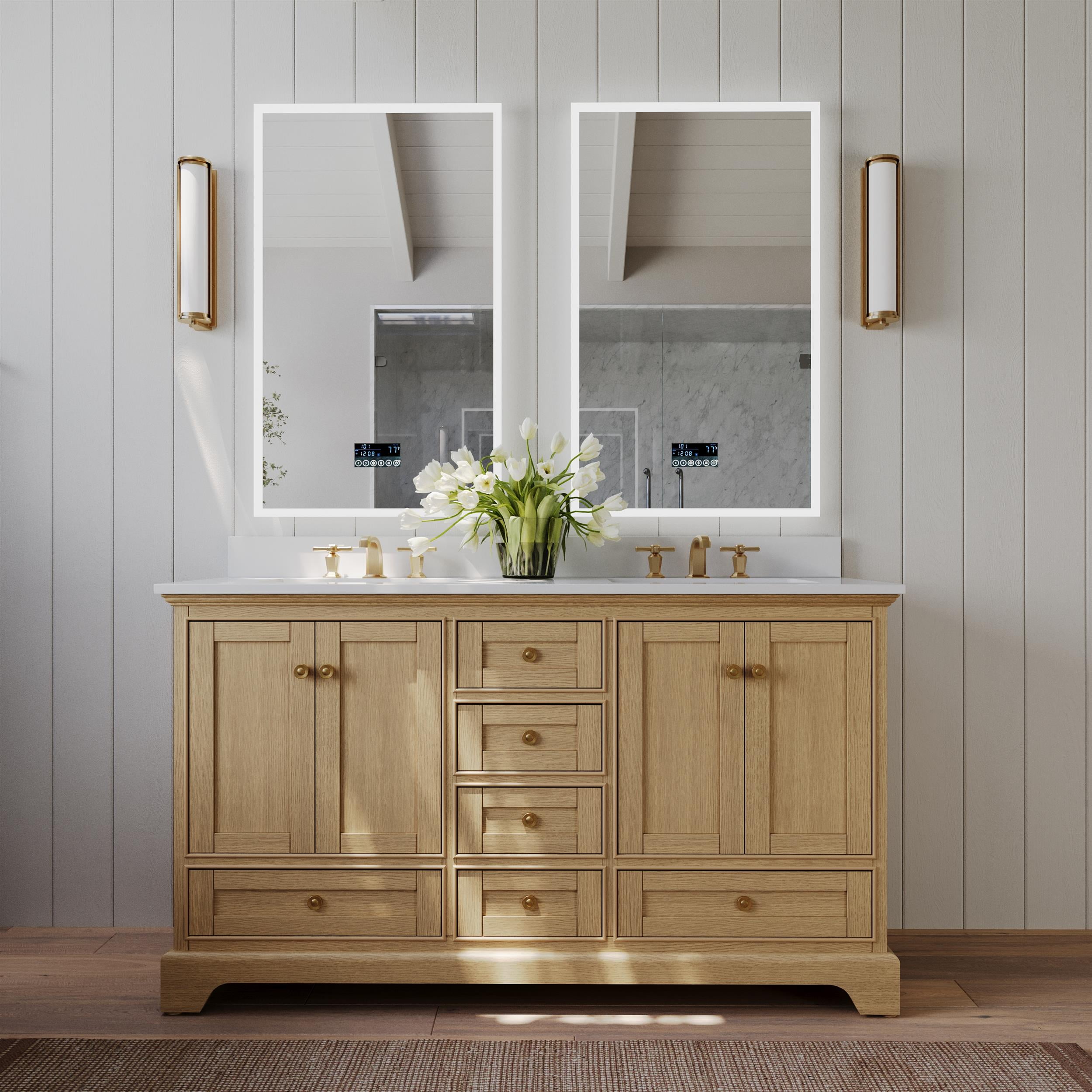 Audrey 60 in. Bath Vanity Set in Oak with White Quartz Top and ...