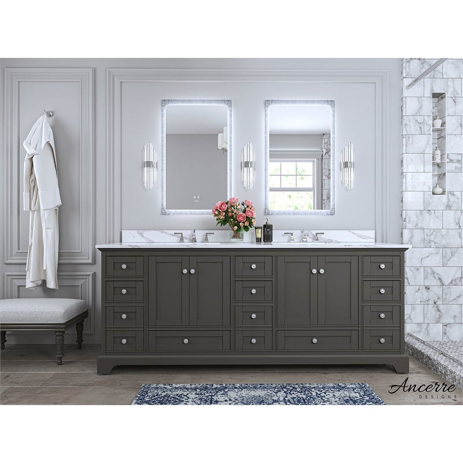 Audrey 84 in. Bath Vanity Set in Sapphire Gray with Quartz Calacatta ...