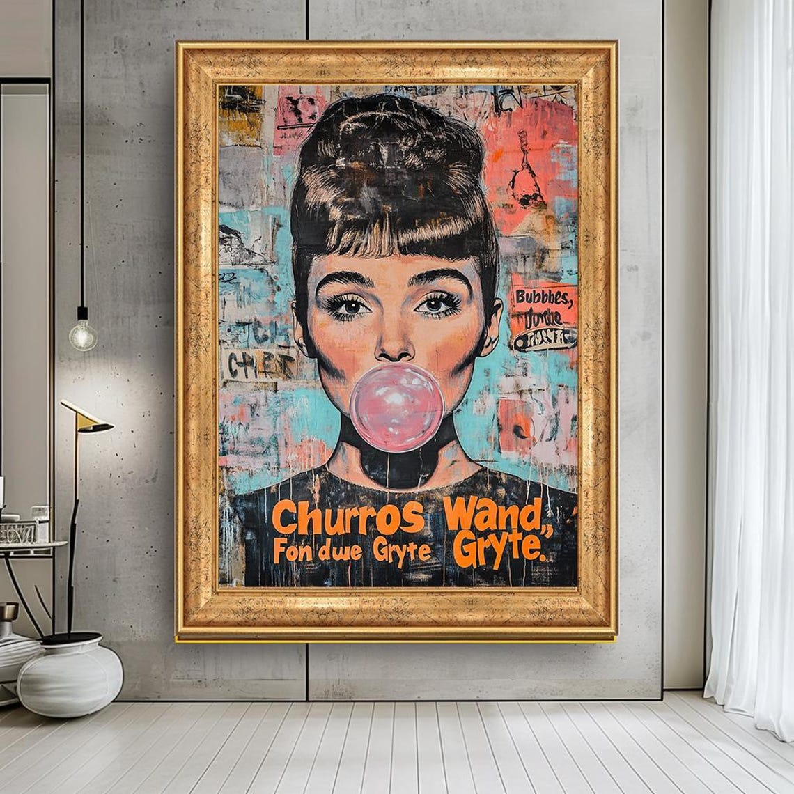 Audrey Hepburn Pop Art Canvas, Bubblegum Street Art Style, Large Modern ...