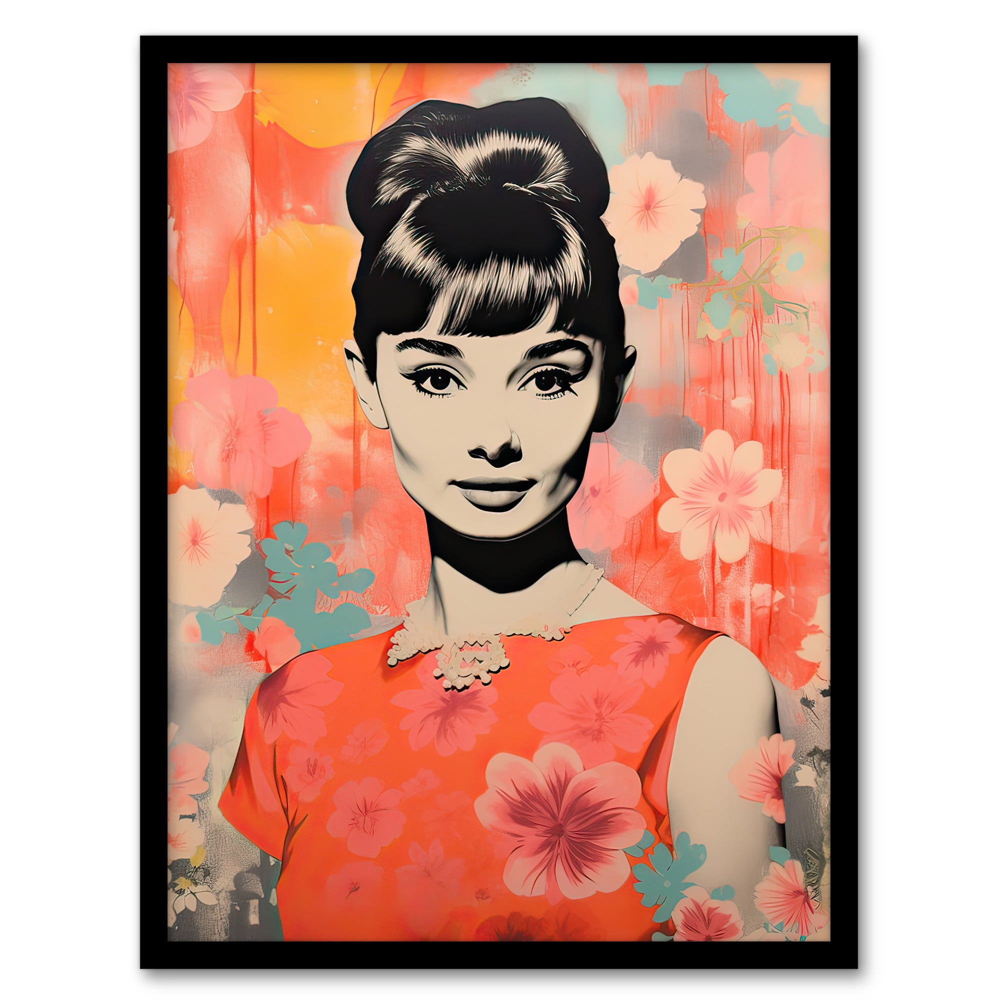 Audrey Hepburn Smiling Floral Artwork Pastel Colour Orange Pink Blue ...