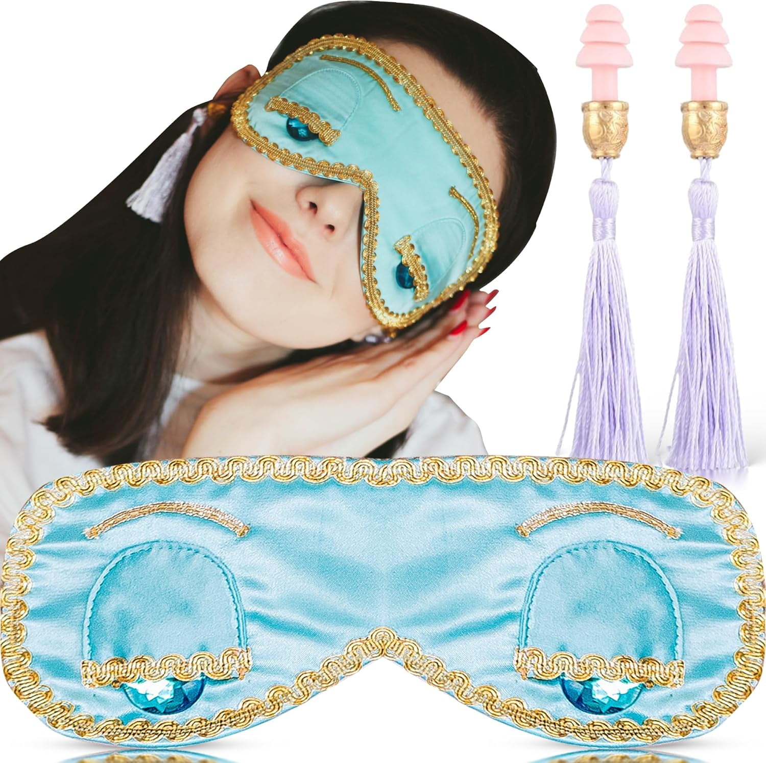 Audrey Hepburn Style Silk Sleep Mask & Ear Plugs with Tassel Set for ...