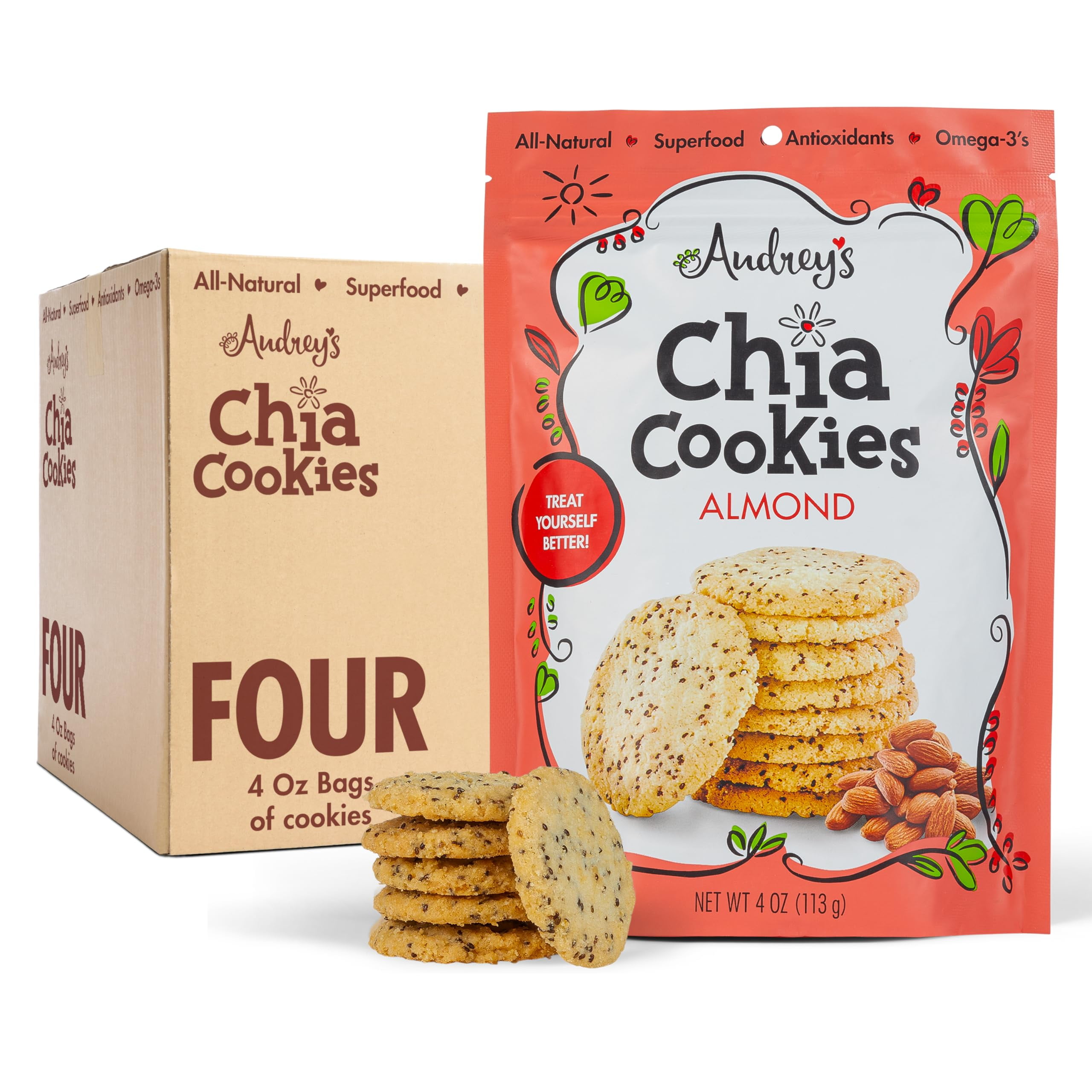Audrey's Chia Cookies - RRF12 (Almond, 4 Pack), Natural, Antioxidants, Omega-3's, Non-GMO ...