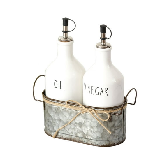 Audreys White Ceramic Oil and Vinegar Cruet Set With Galvanized Metal ...