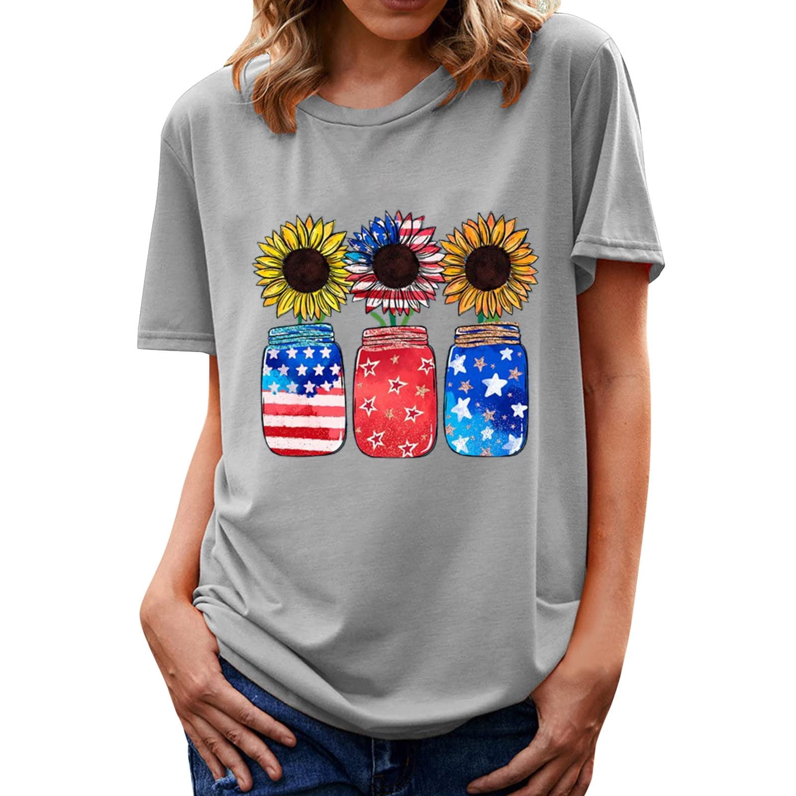 Aueoeo American Flag T Shirt Women Stars Stripes 4th Of July Shirt