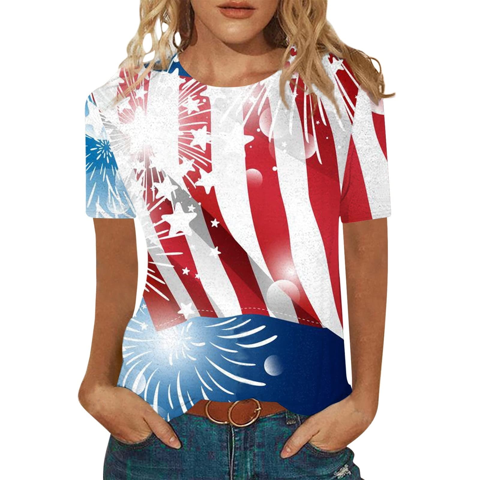 Aueoeo American Flag T Shirt Women Stars Stripes 4th of July Shirt ...