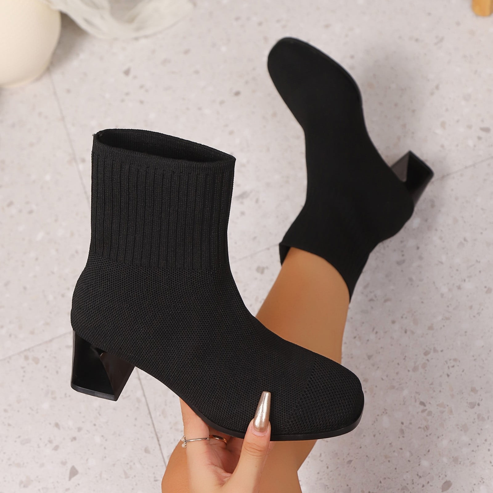 Aueoeo Ankle Booties for Women Back Zipper Knitted Elastic Chunky Block ...