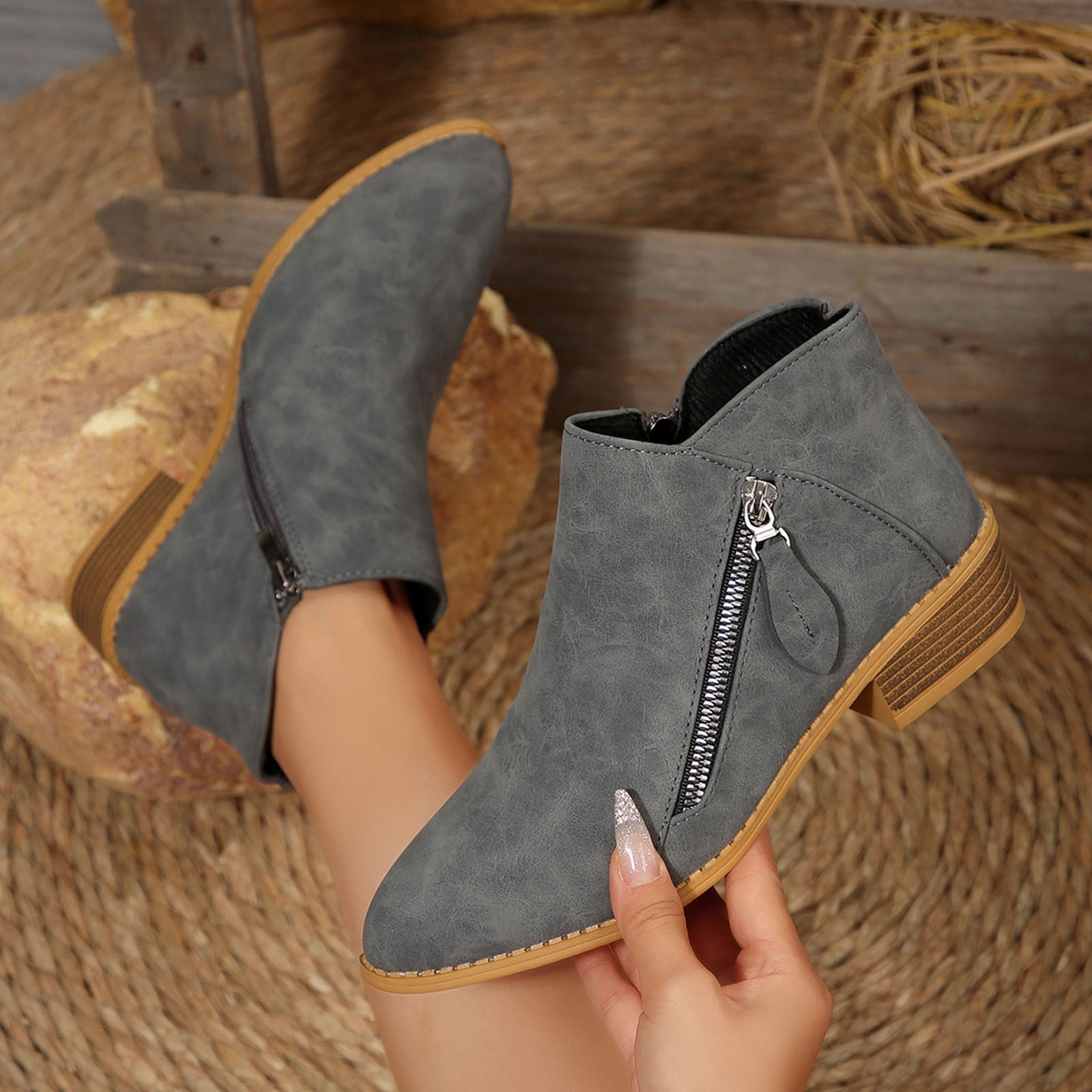 Aueoeo Ankle Boots for Womens Low Chunky Heeled Booties Casual ...