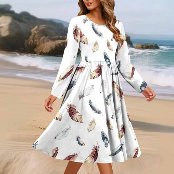 Aueoeo Boho Dresses for Women Long Sleeve Casual Pleated V Neck Dress ...