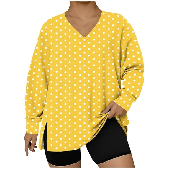 Aueoeo Boho Shirts for Women Polka Dots Printed Long Sleeve V Neck Tops ...