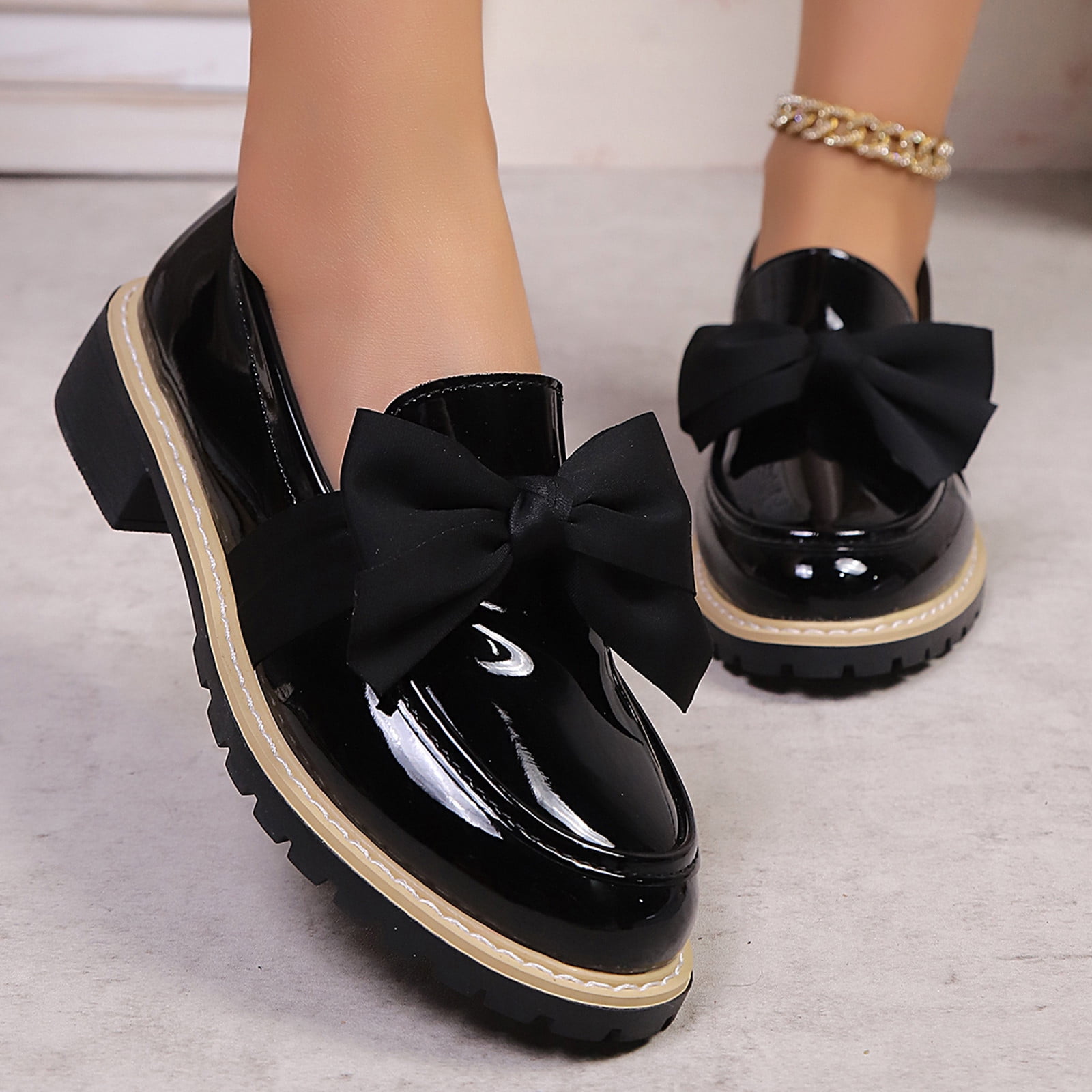 Aueoeo Bowknot Faux Leather For Womens Fashion Trendy Solid Color Shoes ...
