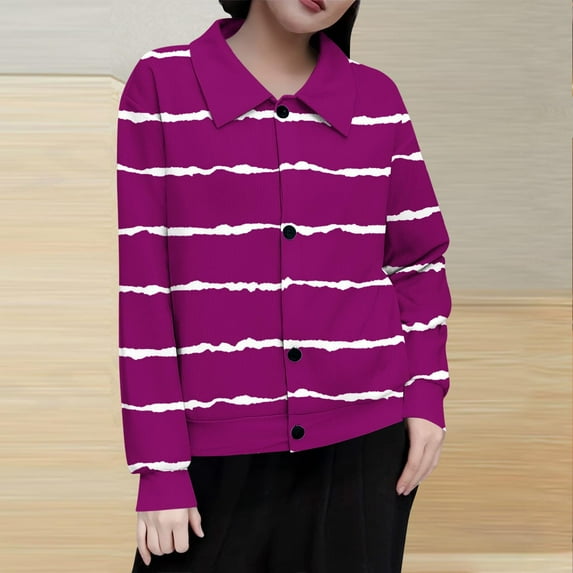 Aueoeo Casual Jacket for Womens Button Up Long Sleeve Fall Winter Outfits Stripe Soft Comfy ...