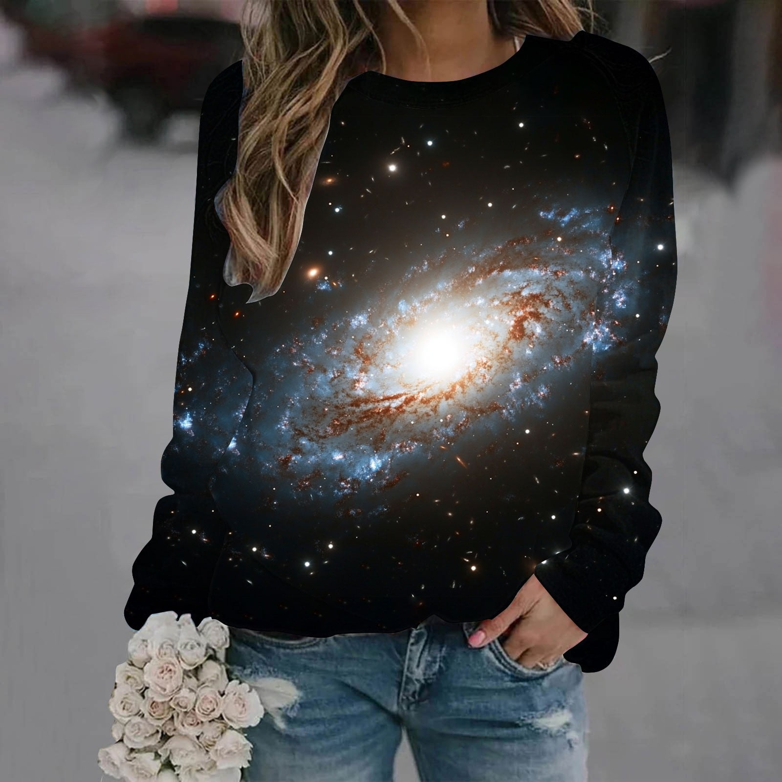 Aueoeo Casual Top For Women, Workou Pullover Women's Printed Sky Round ...