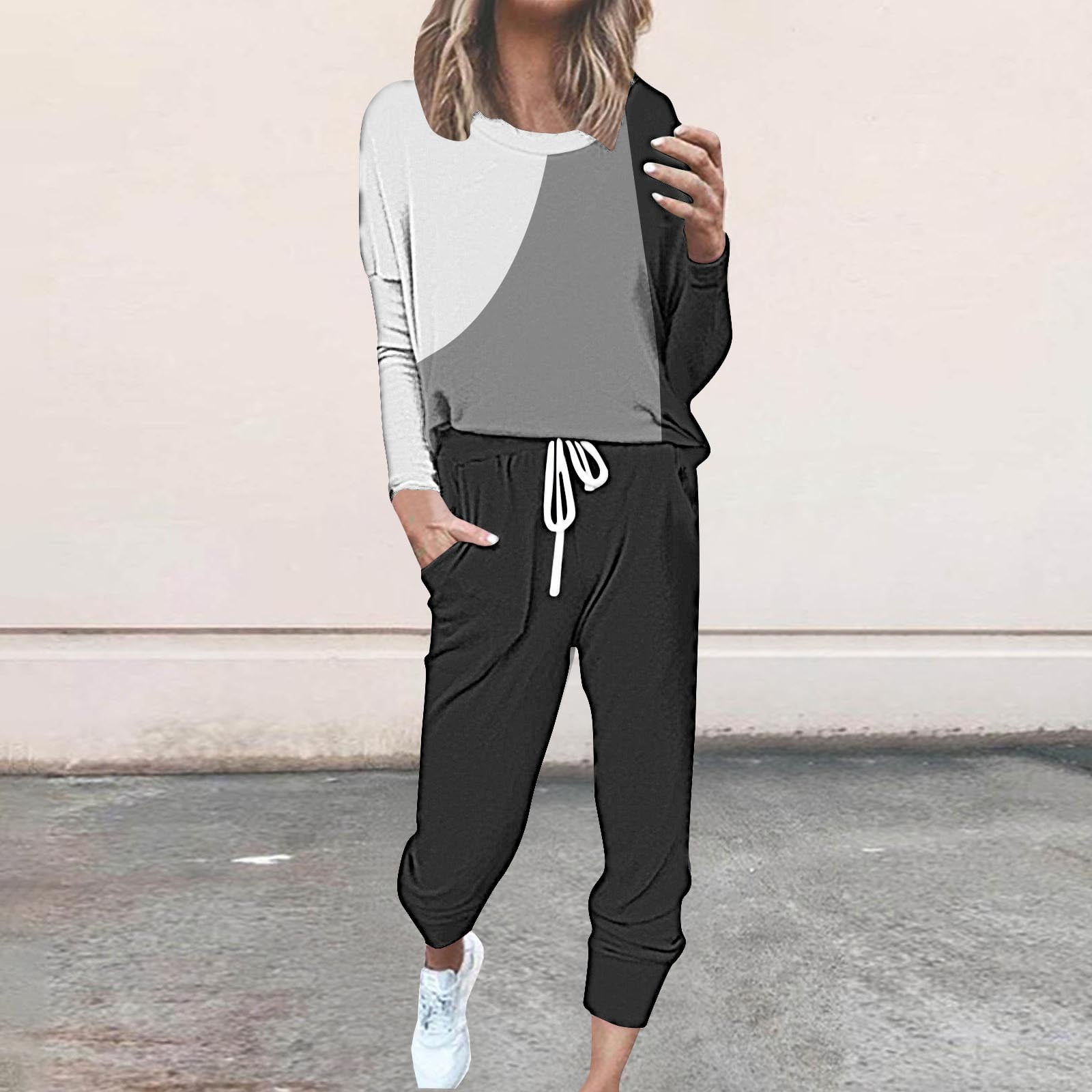 Aueoeo Contrast Color 2 Piece Set For Womens Matching Set Long Sleeve ...