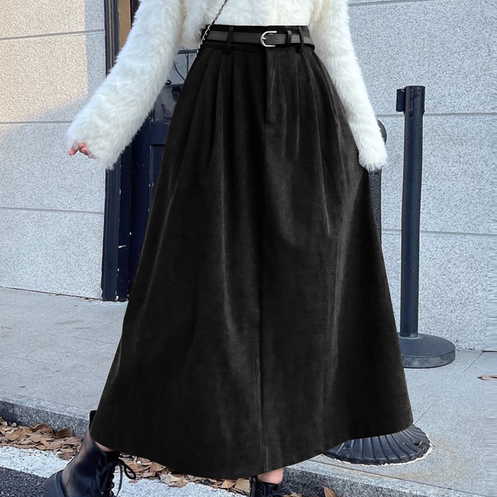 Aueoeo Corduroy Maxi Skirt For Womens Elastic High Waist Button Up A ...