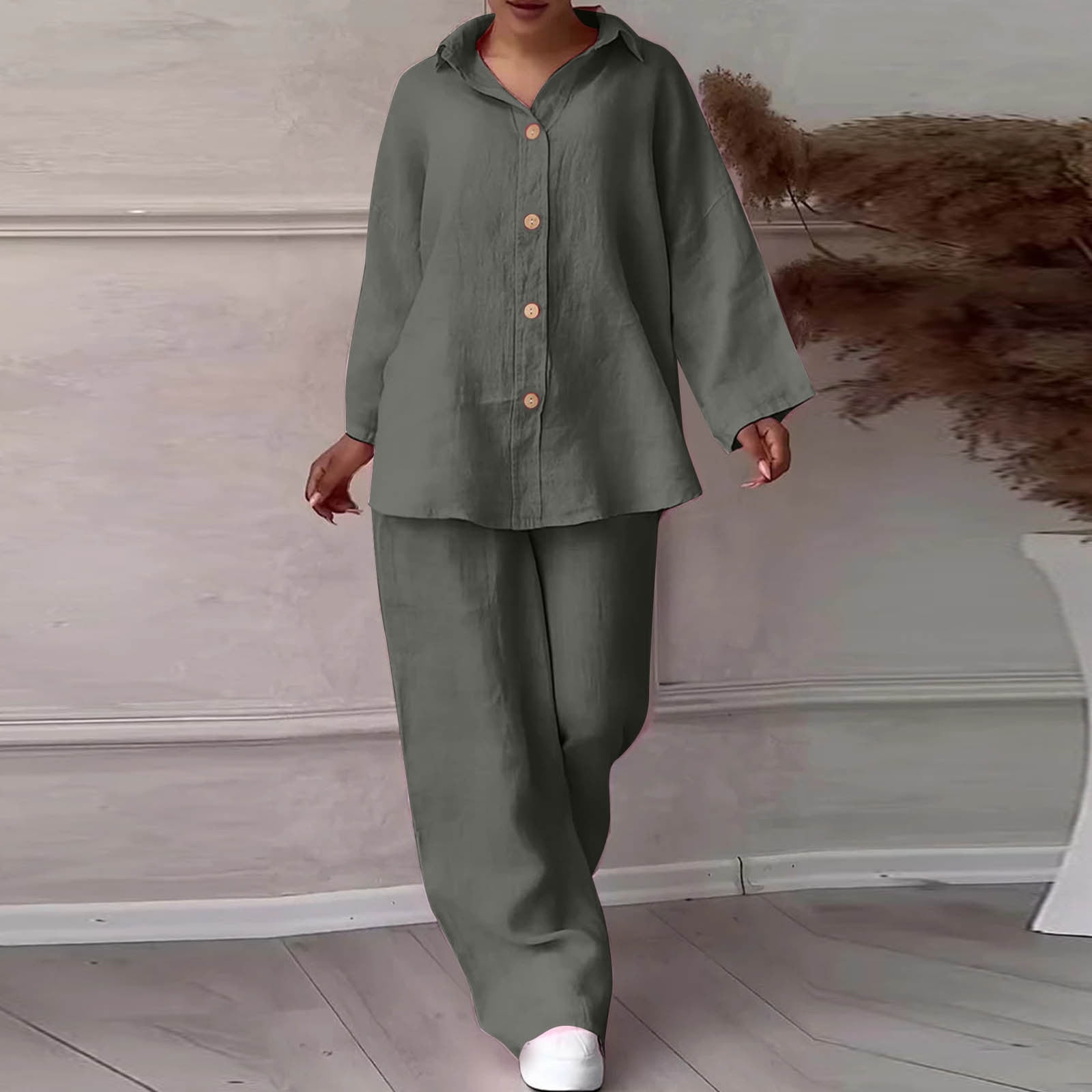 Aueoeo Cotton Linen Outfits For Women 2 Piece 2025 Casual V Neck Long ...