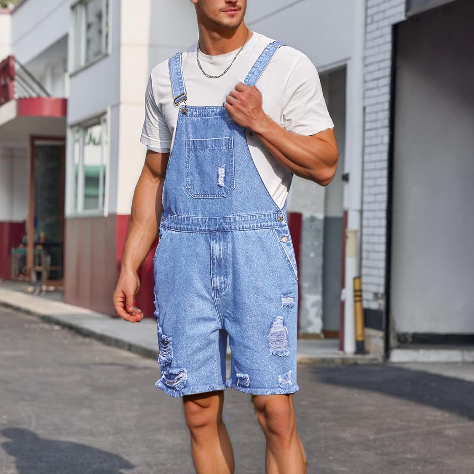 Aueoeo Denim Shorts For Men Bib Overall Jean Romper Casual Loose Walkshort Muliti Pockets Summer ...