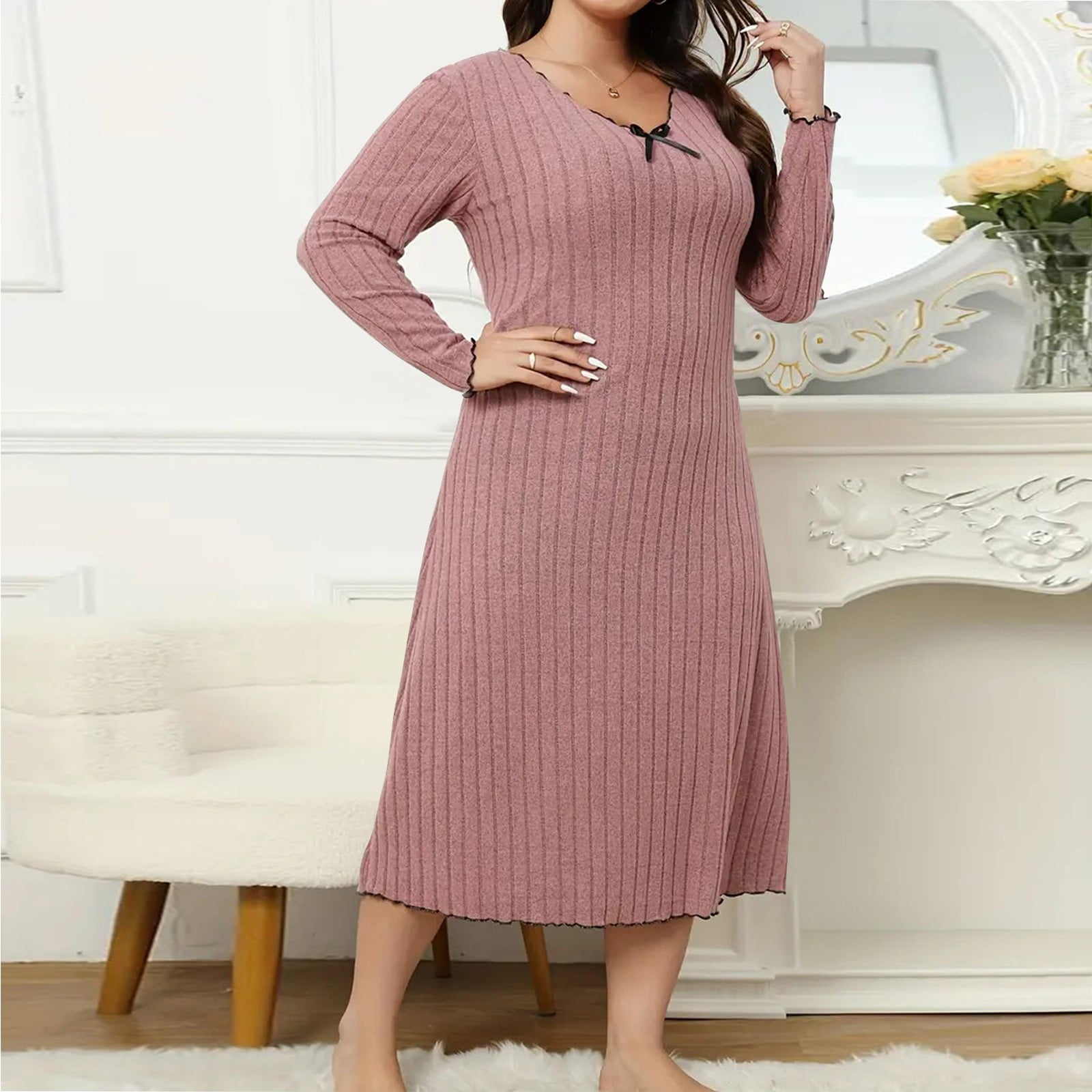 Aueoeo Dresses Womens Dresses Women's Solid Color Hip Wrap Long Sleeve ...