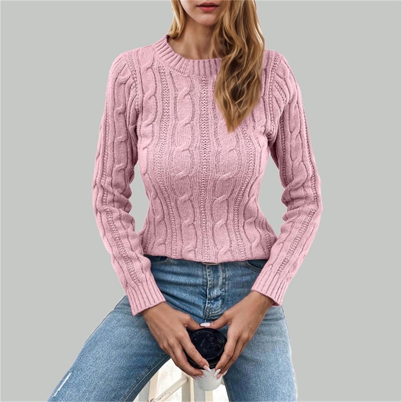 Aueoeo Fashion Sweaters for Women Crewneck Long Sleeve Slim Fitted ...