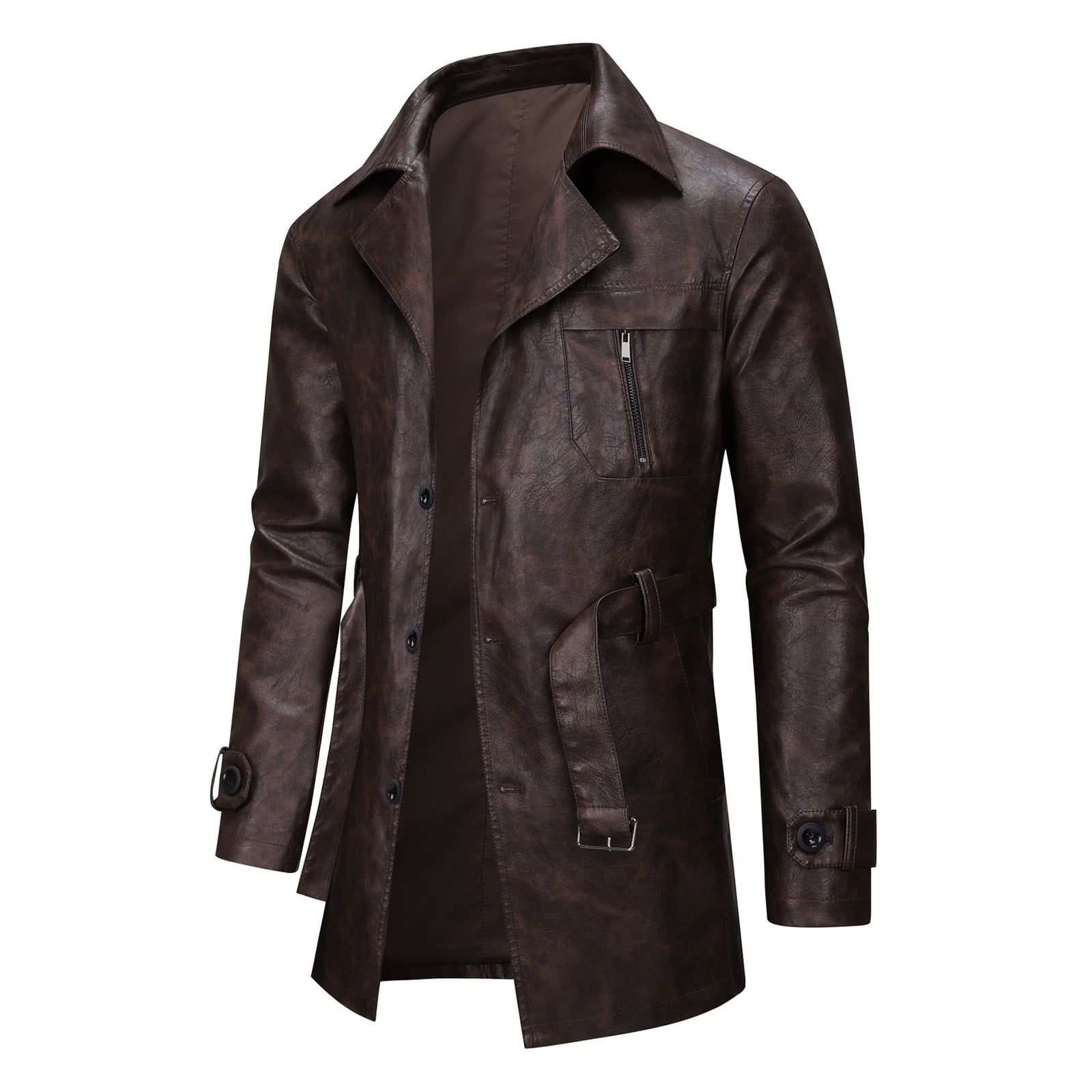 Aueoeo Faux Leather Jacket For Men Button Up Laple Collar Belted ...