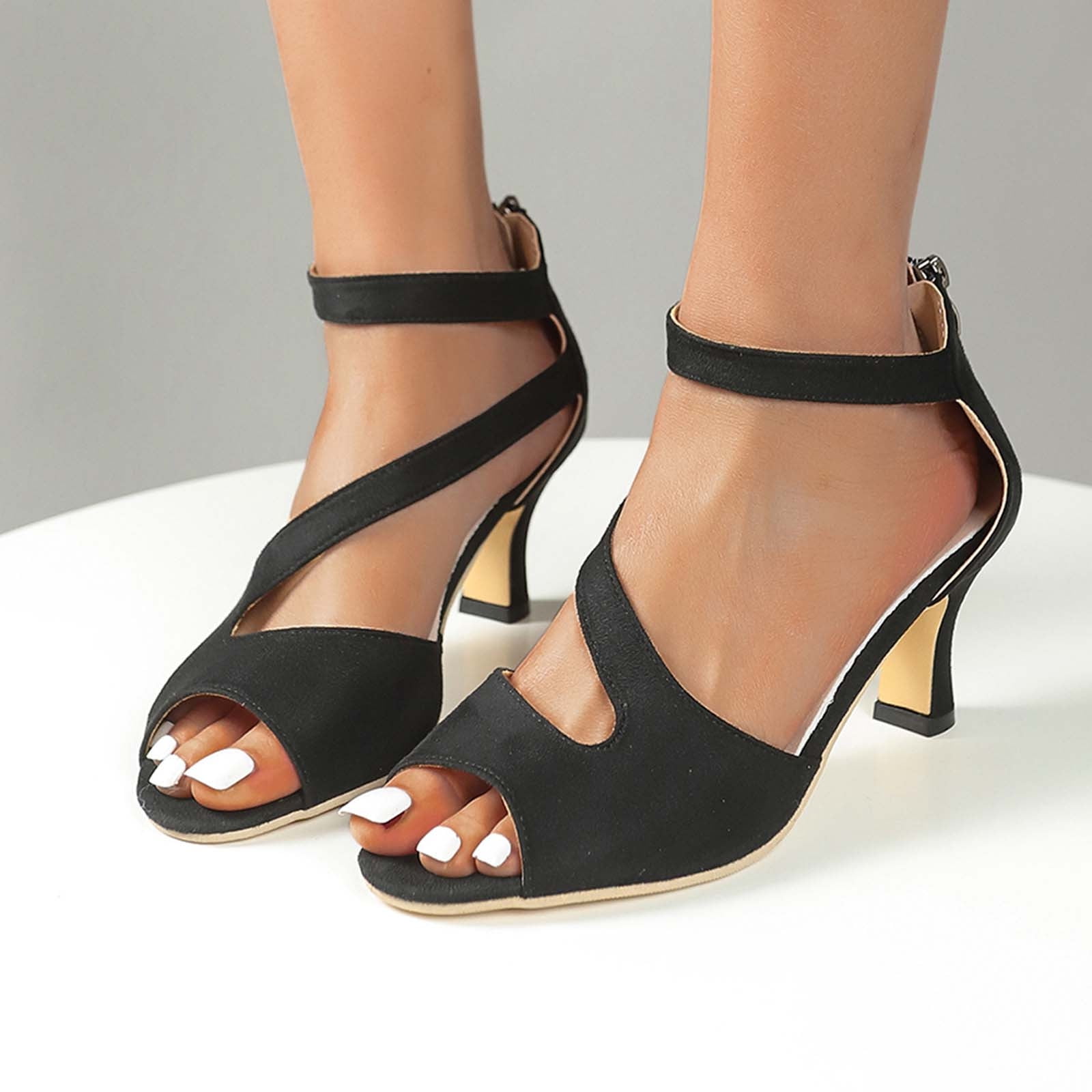 Aueoeo Fish Mouth Sandals For Women Faux Leather Hollow Out Mid Heels ...