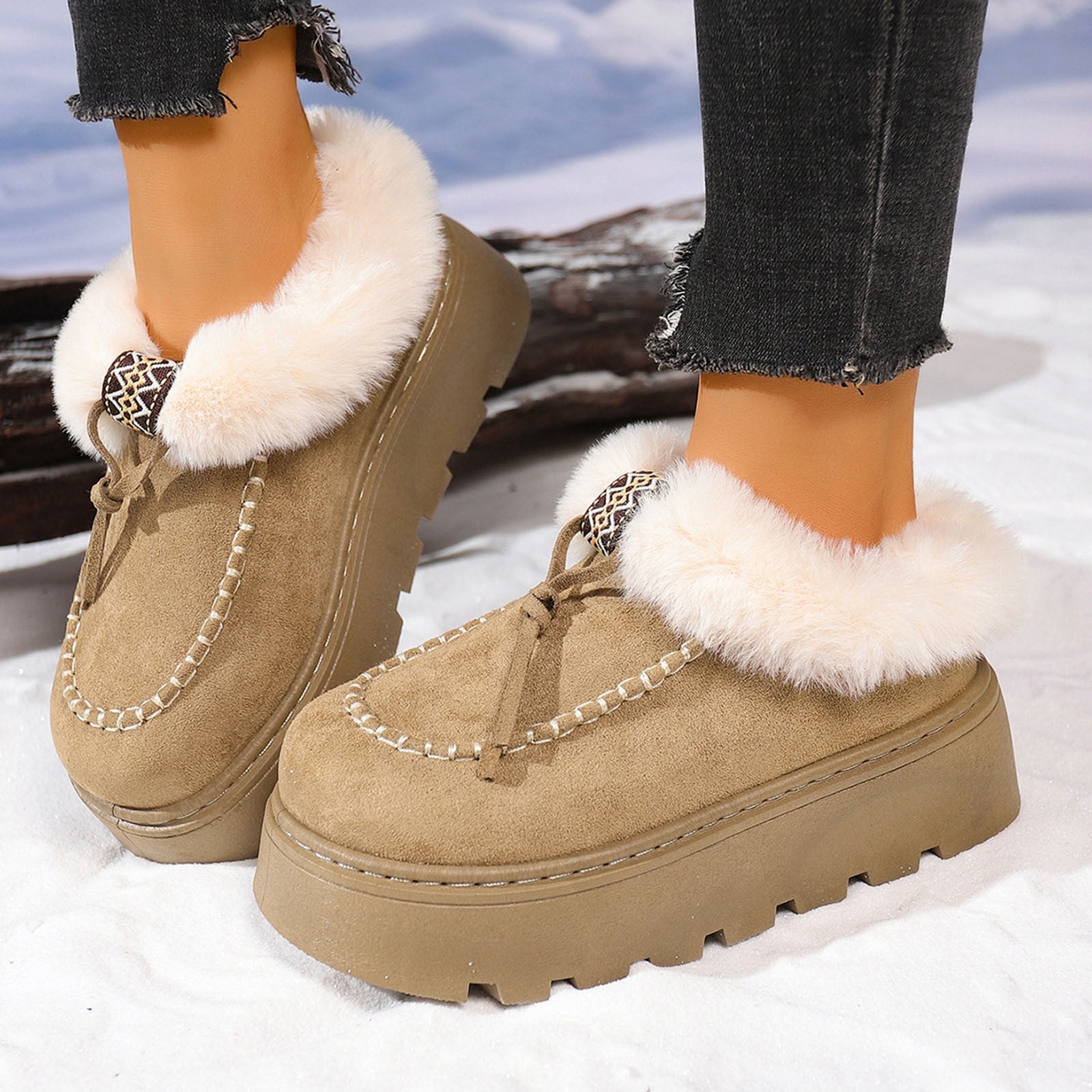 Aueoeo Flock Shoes Fuzzy Winter Boots for Women Cozy Walking Sock Shoes ...