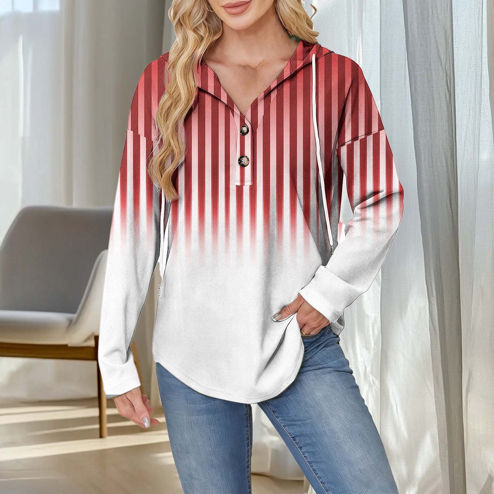 Aueoeo Gradient Color Stripe Hoodies For Women Long Sleeve Crew Neck ...