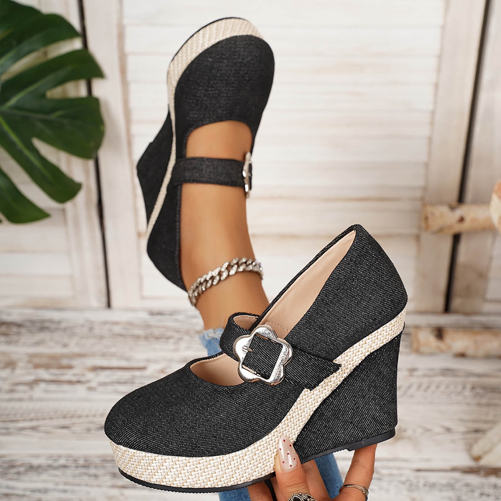 Aueoeo Heeled Shoes for Women with Closed Toe Ankle Strap Wedge Dress ...