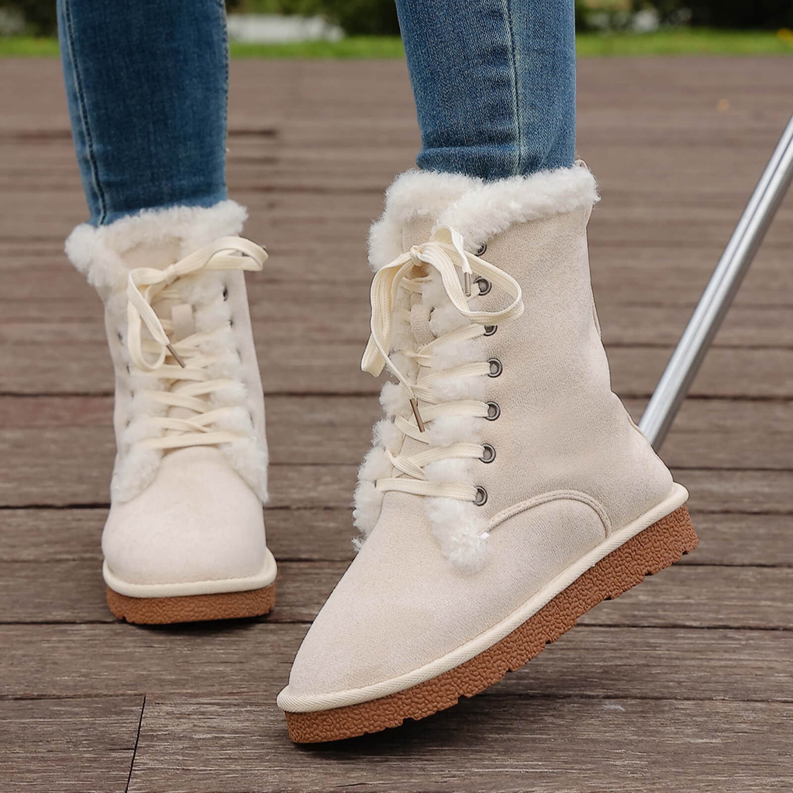 Aueoeo Hiking Snow Boots For Womens Winter Front Ties Warm Furs Lined ...