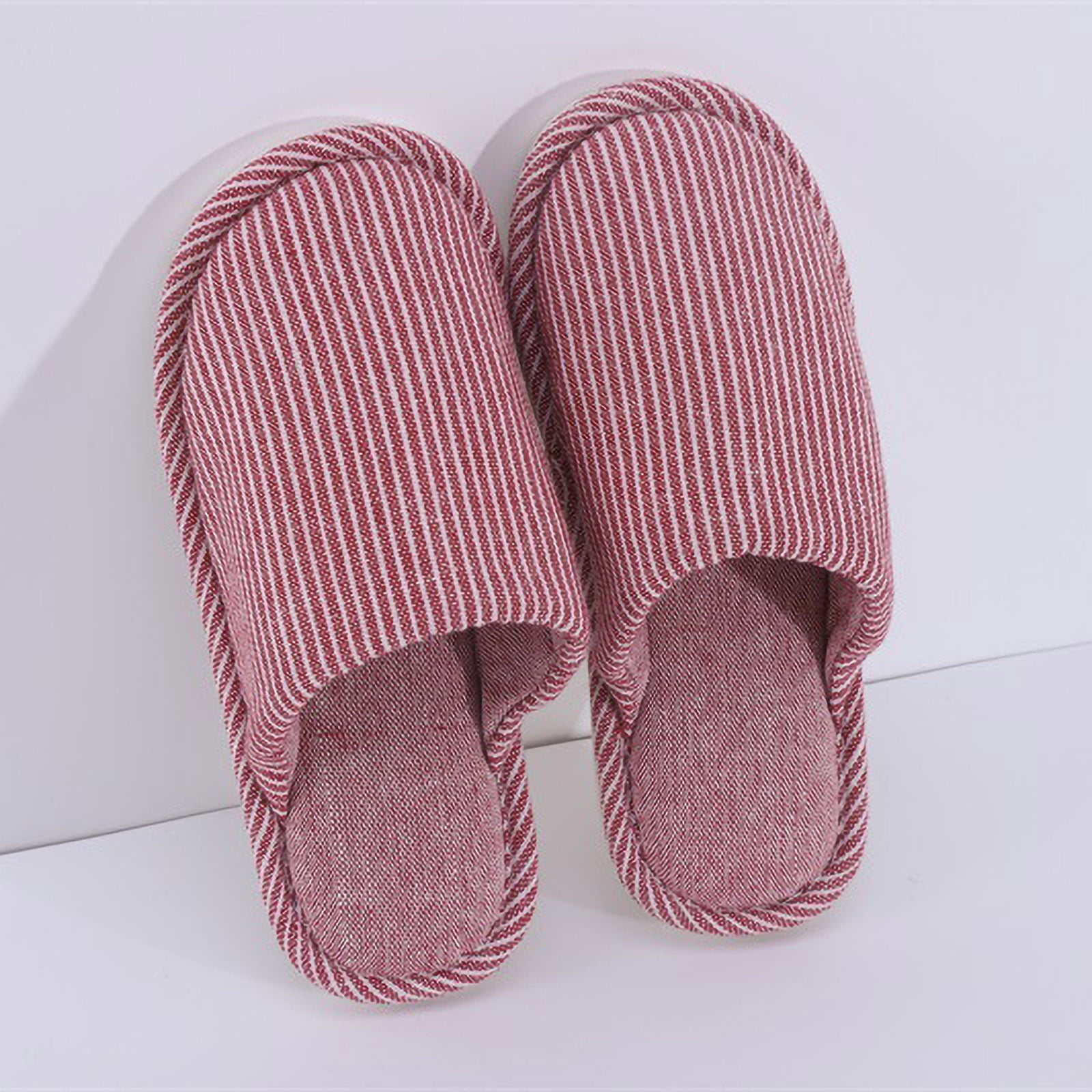 Aueoeo House Slippers for Women Linen Round Toe Stripe Comfy Soft Warm ...