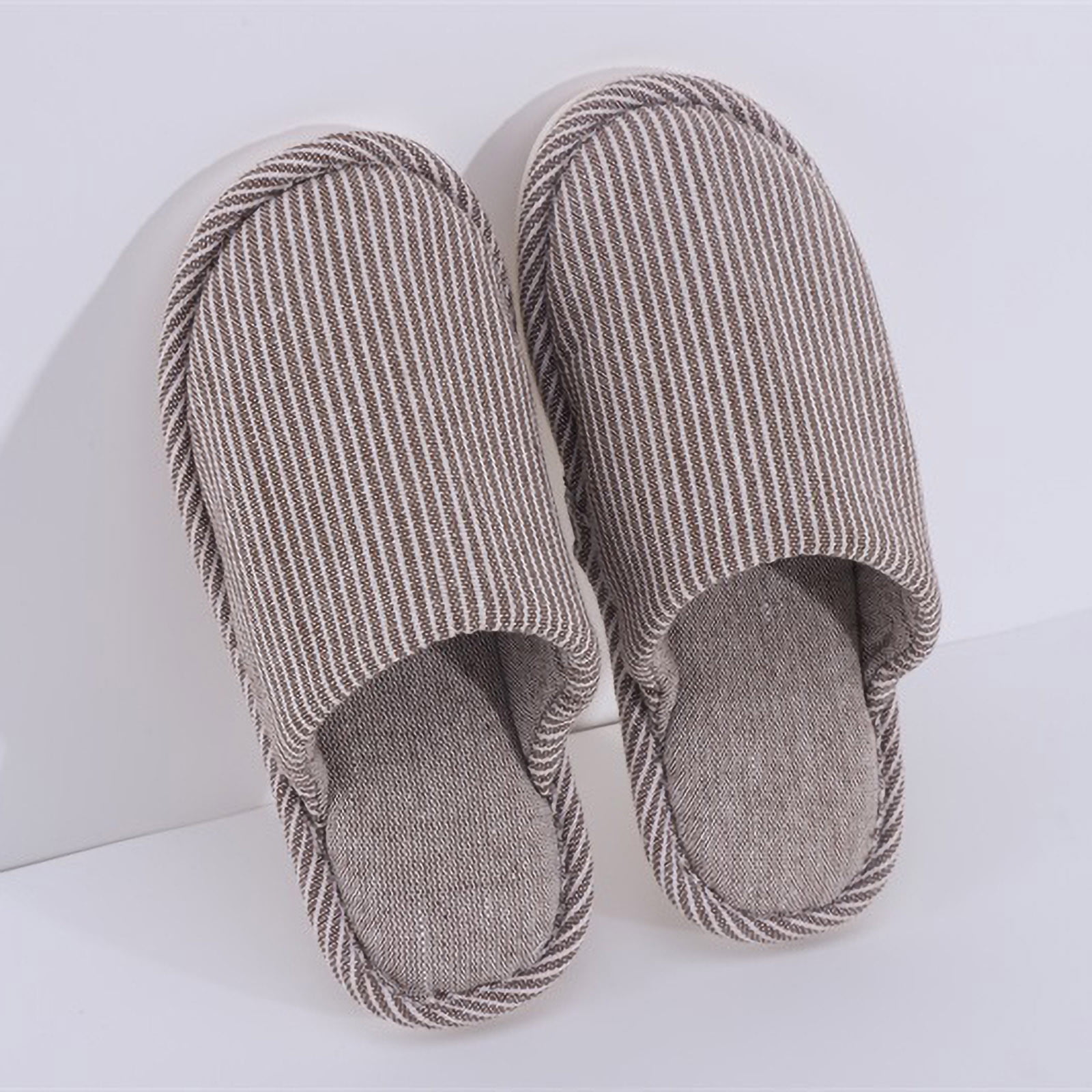 Aueoeo House Slippers for Women Linen Round Toe Stripe Comfy Soft Warm ...