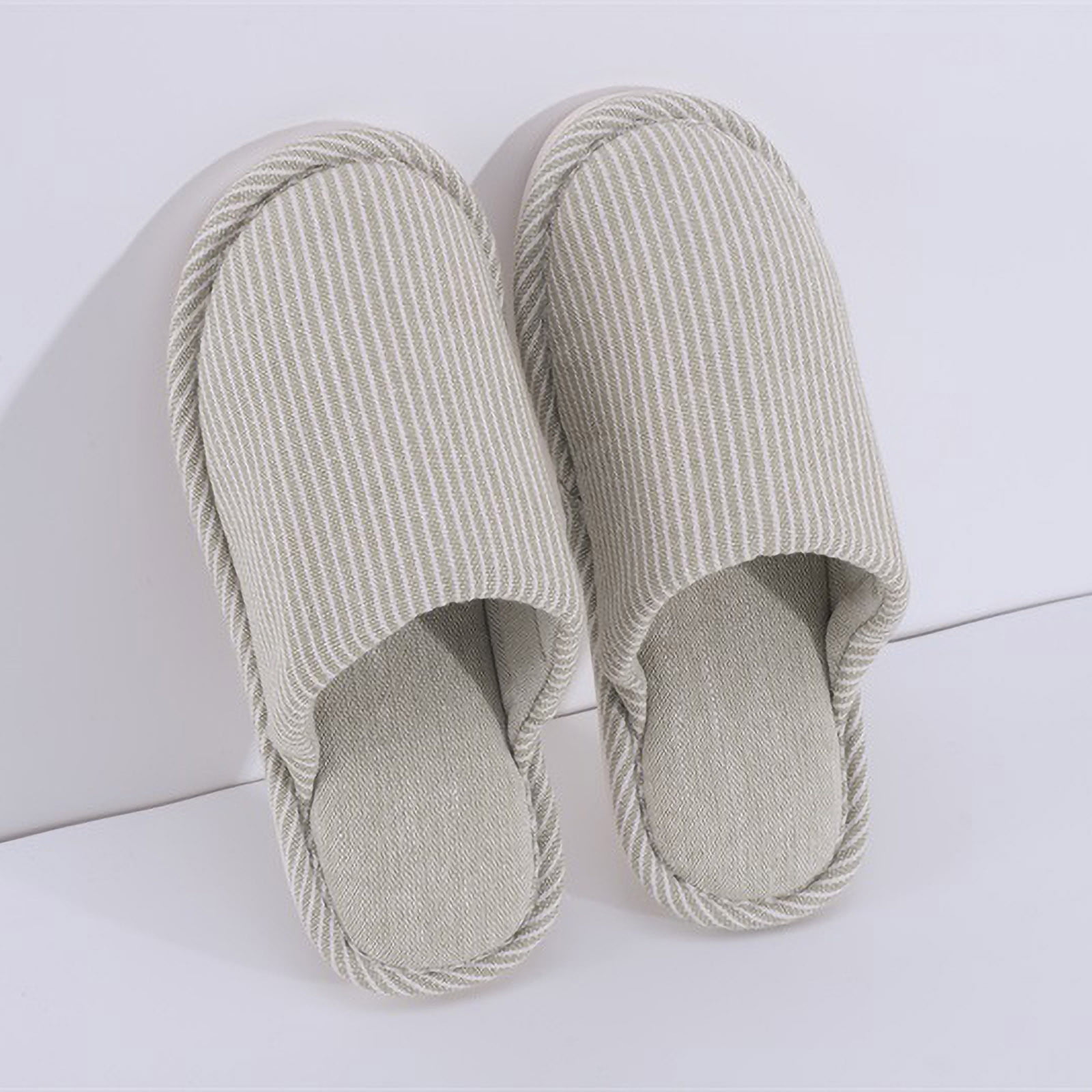 Aueoeo House Slippers for Women Linen Round Toe Stripe Comfy Soft Warm ...