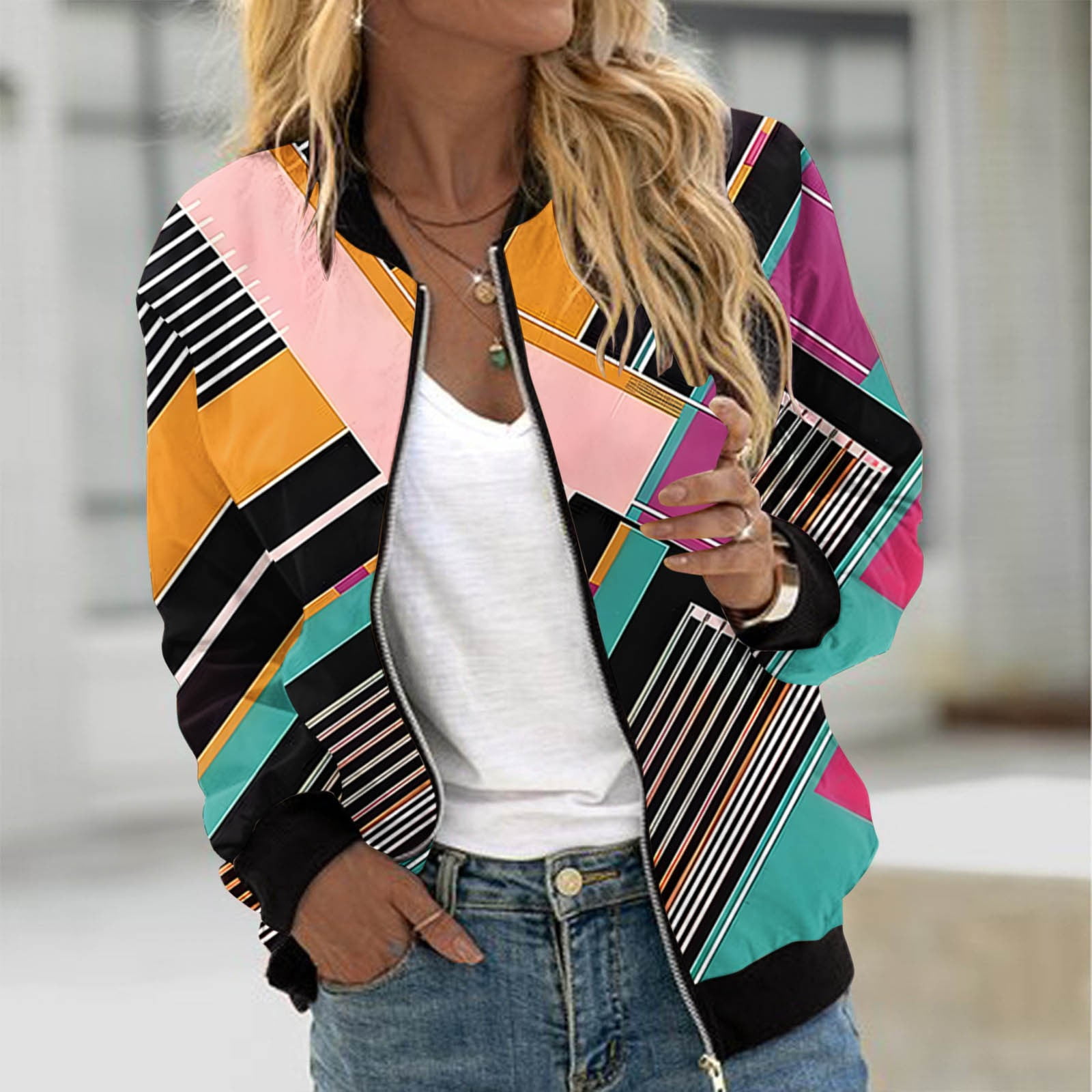 Aueoeo Jacket Women Causal Color Block Zip Up Coats Long Sleeve Spring ...