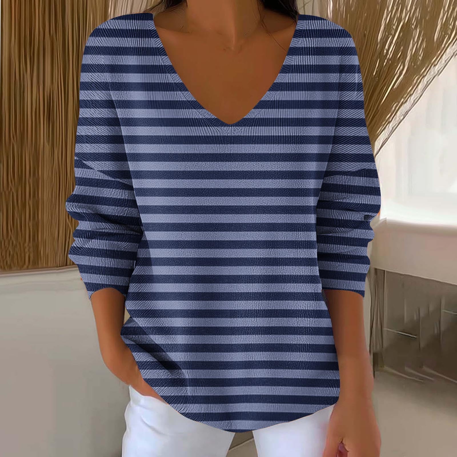Aueoeo Ladies' Casual Striped Printed V-neck Long Sleeved Loose Fitted Versatile Top Dressy ...