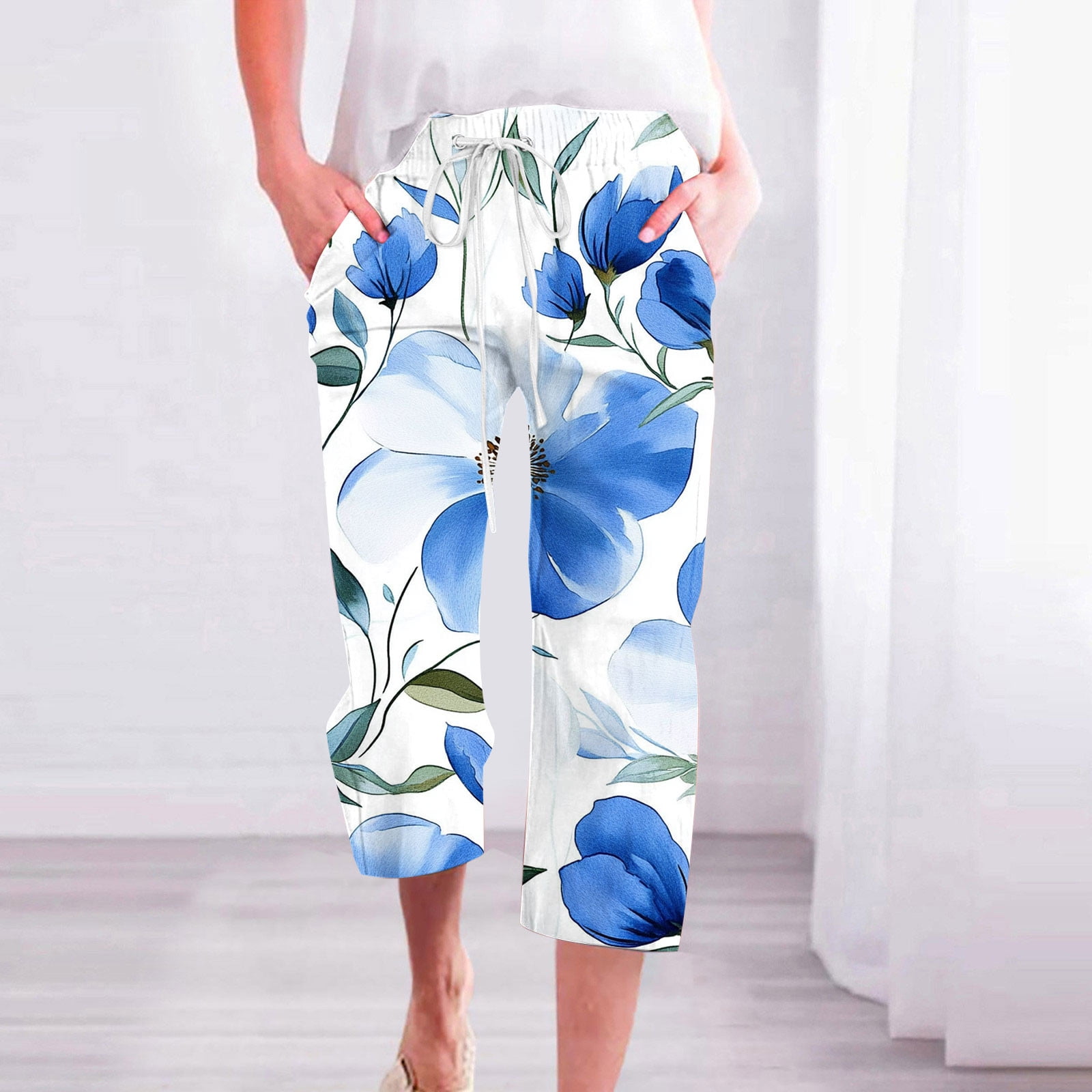 Aueoeo Linen Printed Loose Capris Pants for Women Fashion Straight Leg ...