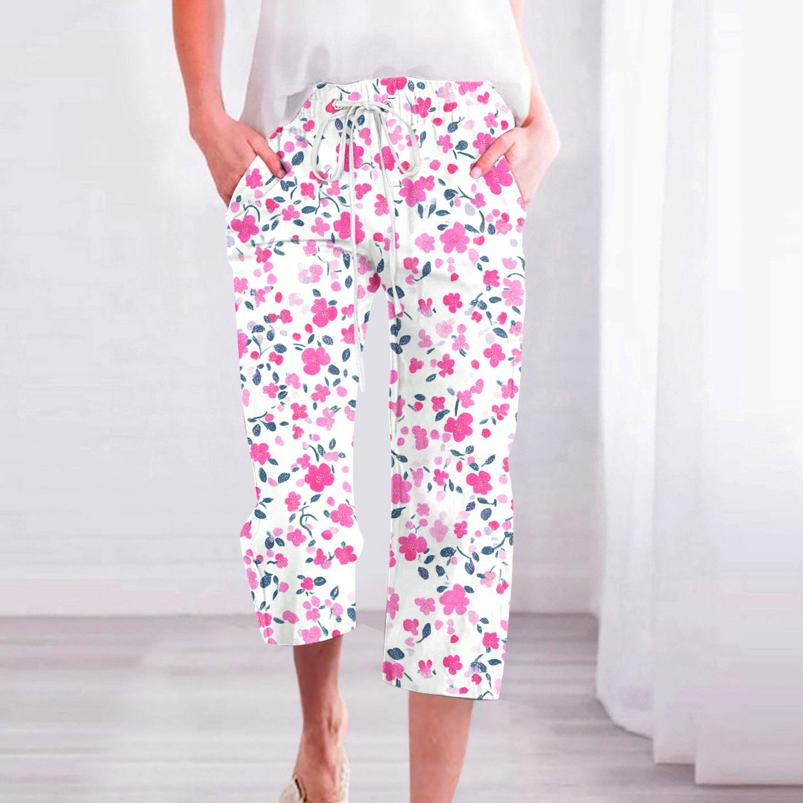 Aueoeo Linen Printed Loose Capris Pants for Women Fashion Straight Leg ...