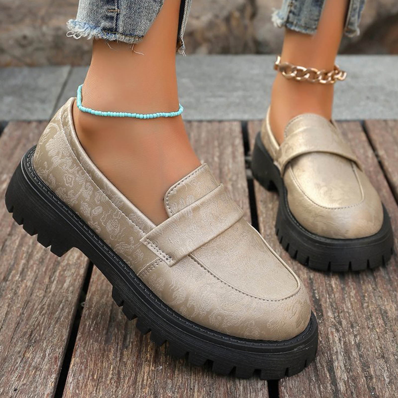 Aueoeo Loafers For Women Faux Leather Closed Toe Shoes Platforms Non ...