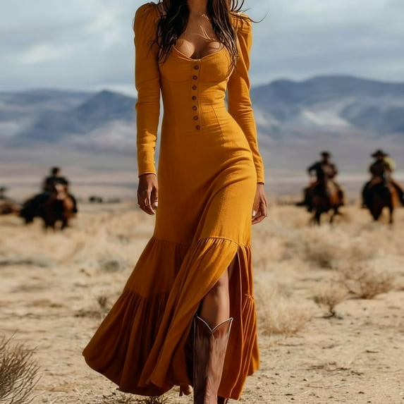 Aueoeo Long Sleeves Maxi Dress for Women A Line Crew Neck Solid Color ...