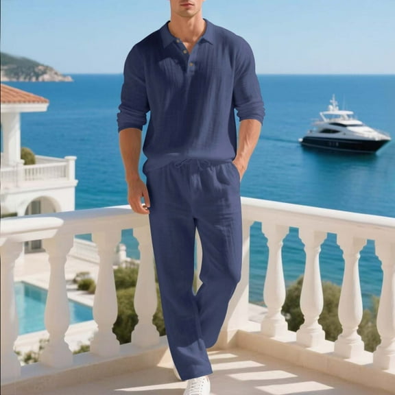 Aueoeo Man Solid Color 2 Piece Outfit Casual Fashion Lightweight Long ...