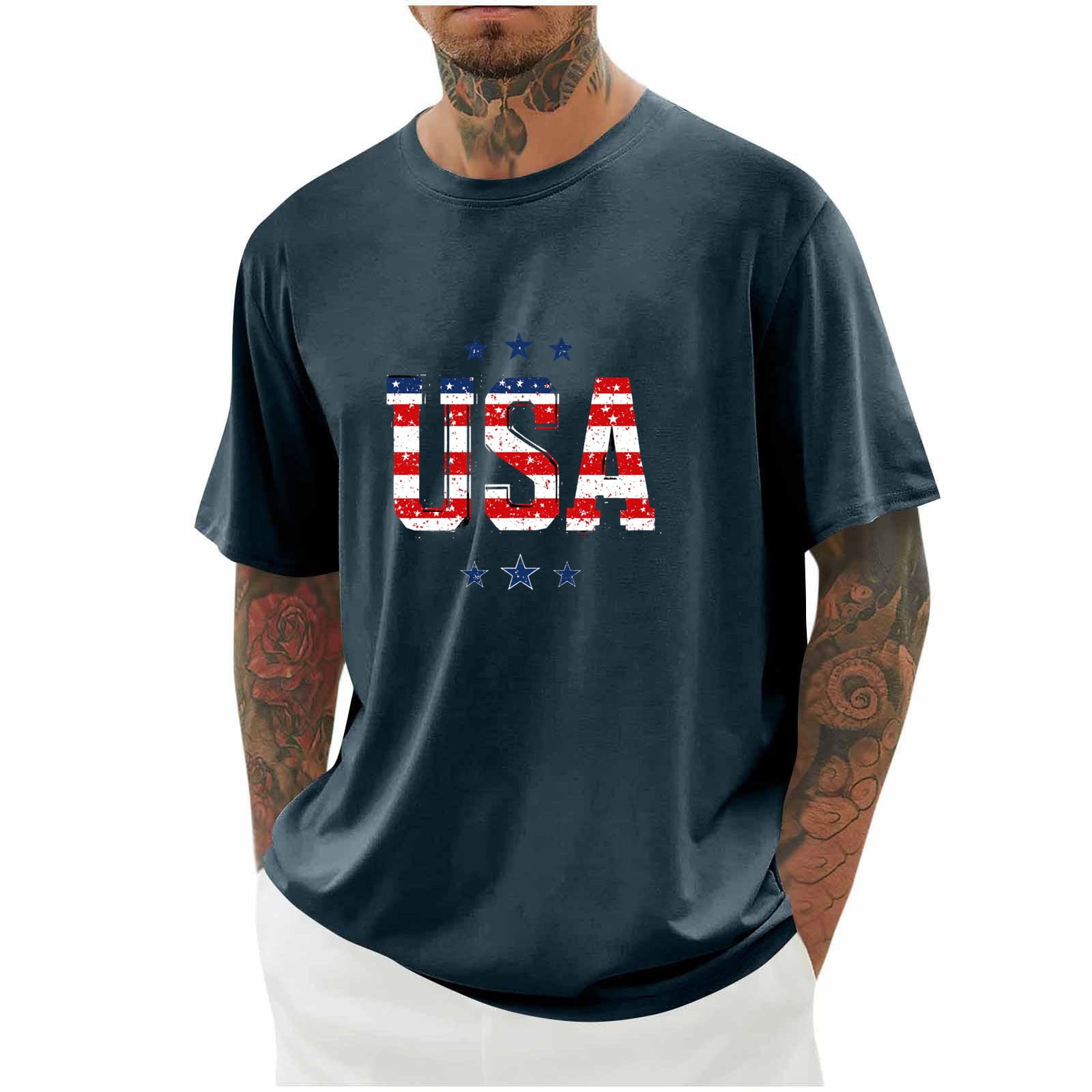 Aueoeo Men's 4Th of July Printed Short Sleeve T-Shirts Round Neck ...
