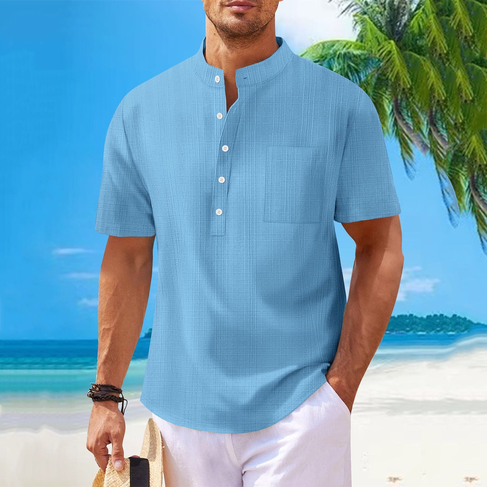 Aueoeo Men's Casual Summer Button Up Linen Shirts Short Sleeve Mock ...